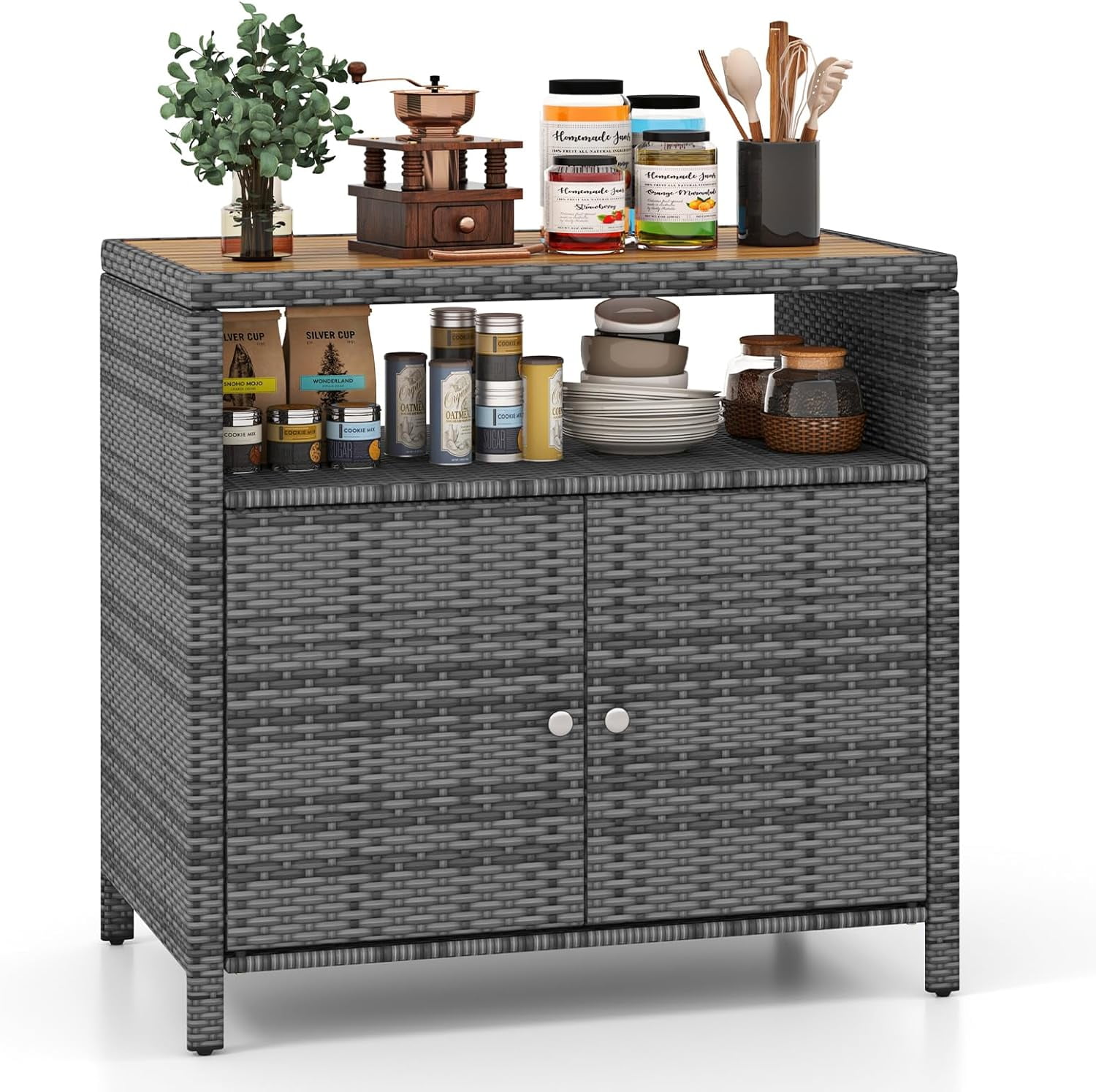 RELAX4LIFE Wicker Outdoor Bar Cabinet - PE Rattan Patio Bar Table w ...