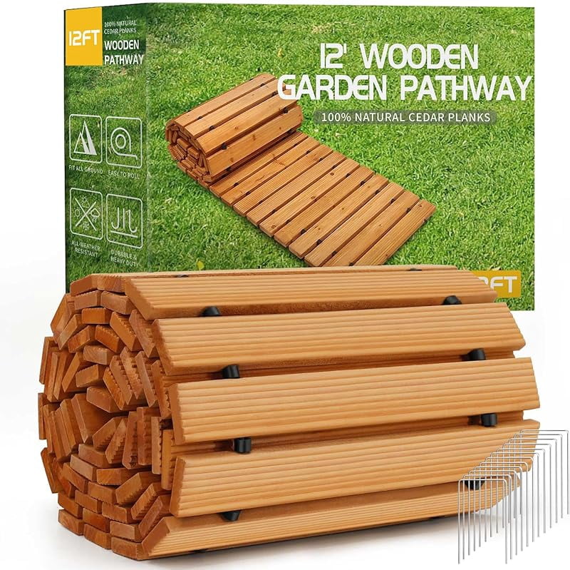 RELIANCER 12' Wooden Garden Pathway,Outdoor Roll Out Cedar Straight ...
