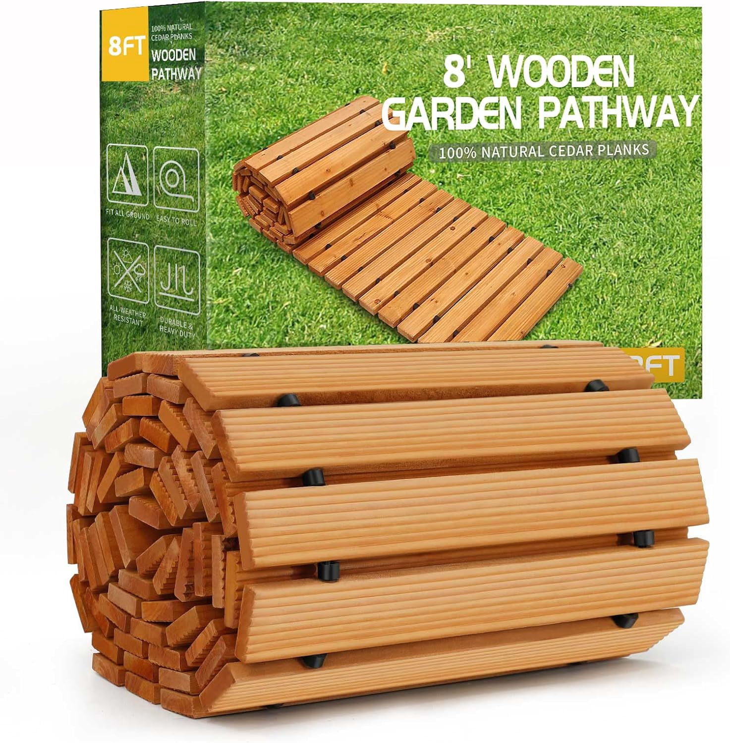 RELIANCER 8' Wooden Garden Pathway,Outdoor Roll Out Cedar Straight ...