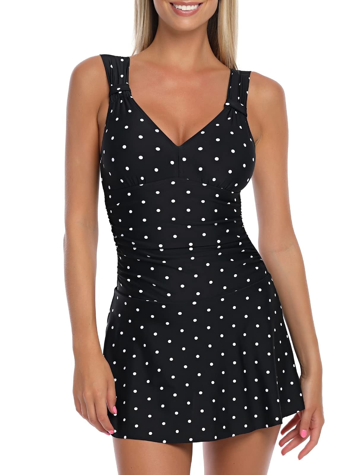 RELLECIGA Women's Cross Back Ruched V Neck One Piece Skirt Vintage Swim ...