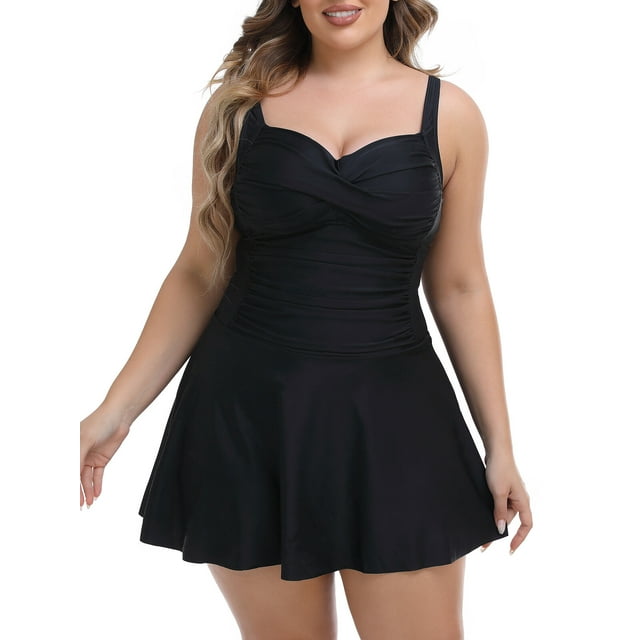 RELLECIGA Women's Black Ruched Tummy Control Swimwear Square Neckline ...
