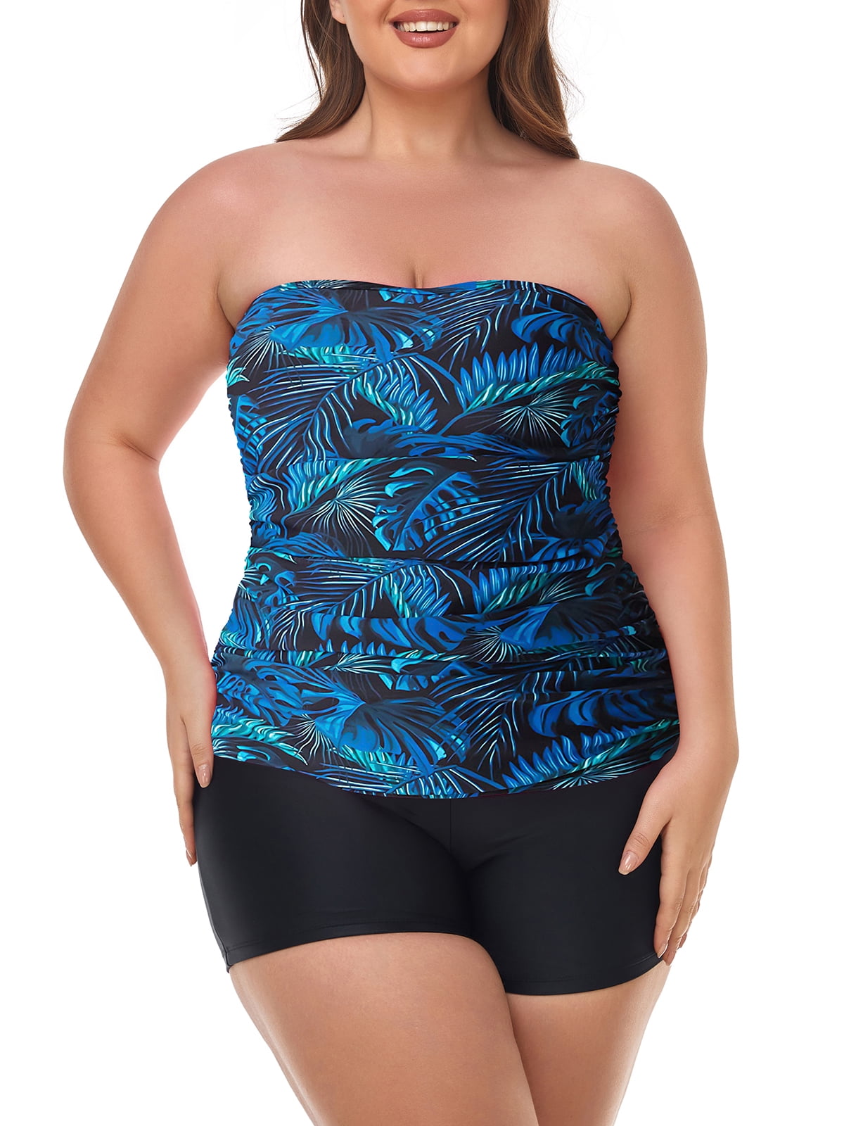 RELLECIGA Women's Blue Leaf Ruched Bandeau Tankinis Tummy Control ...