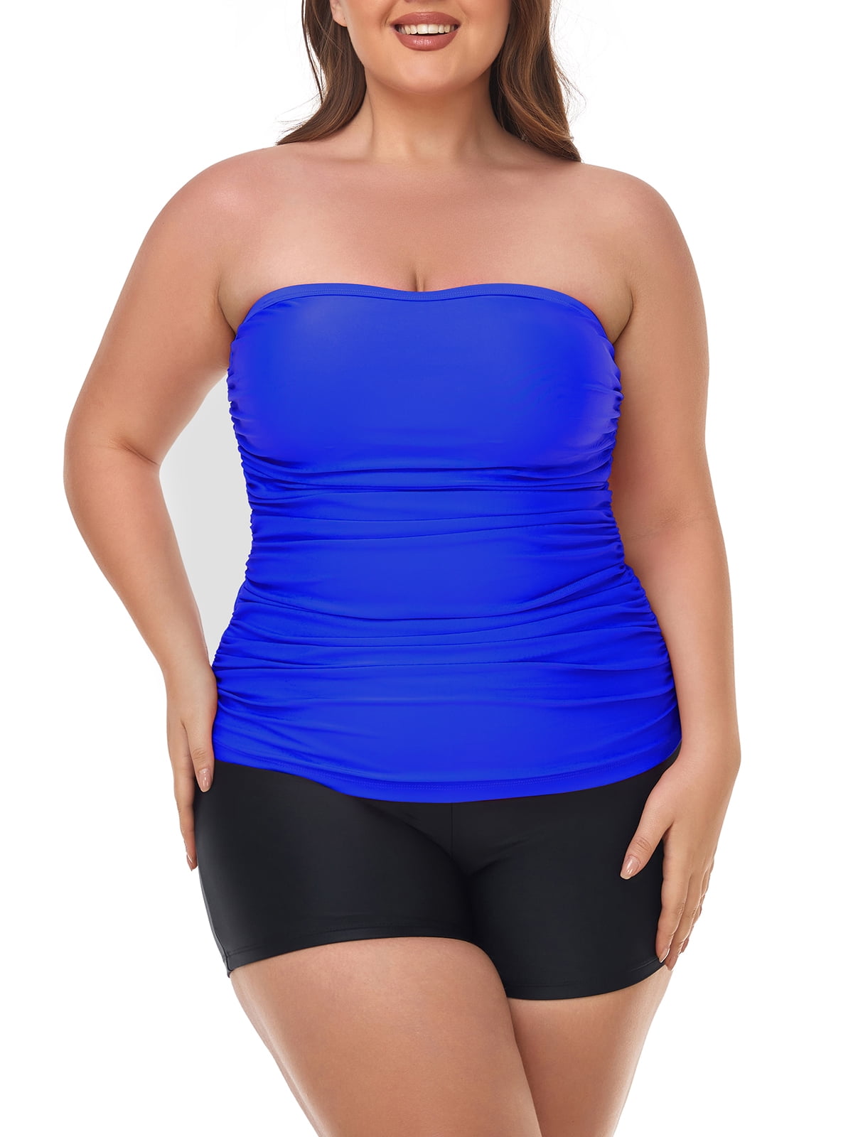 RELLECIGA Women's Royal Blue Ruched Bandeau Tankinis Tummy Control ...