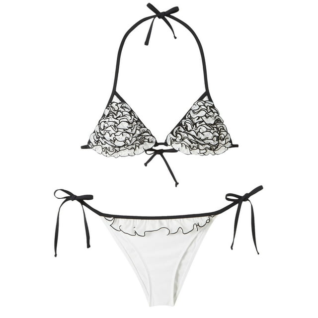 RELLECIGA Women's White Ruffle Triangle Bikini Sets Swimsuit Halter ...