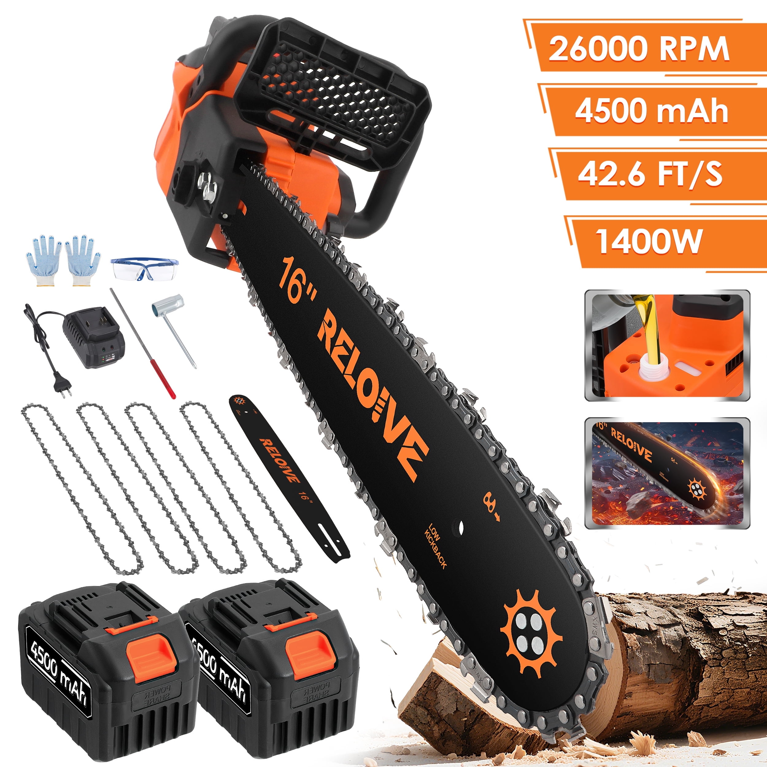 RELOIVE 16" Cordless Electric Chainsaw with Brushless Motor, 25000 RPM ...