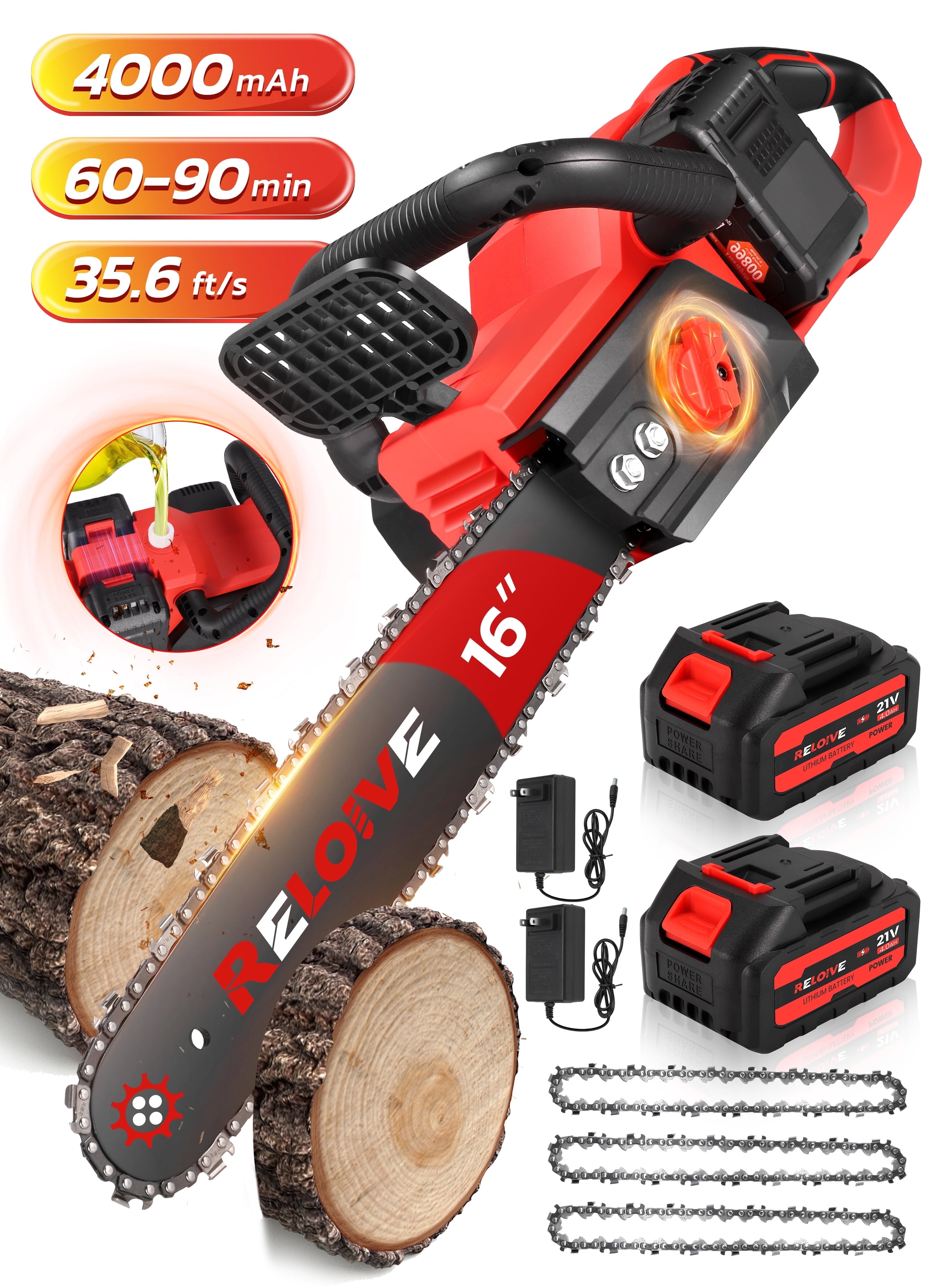 RELOIVE 16-inch Cordless Chainsaw Kit with 2x2000mAh Li Batteries, 3 ...