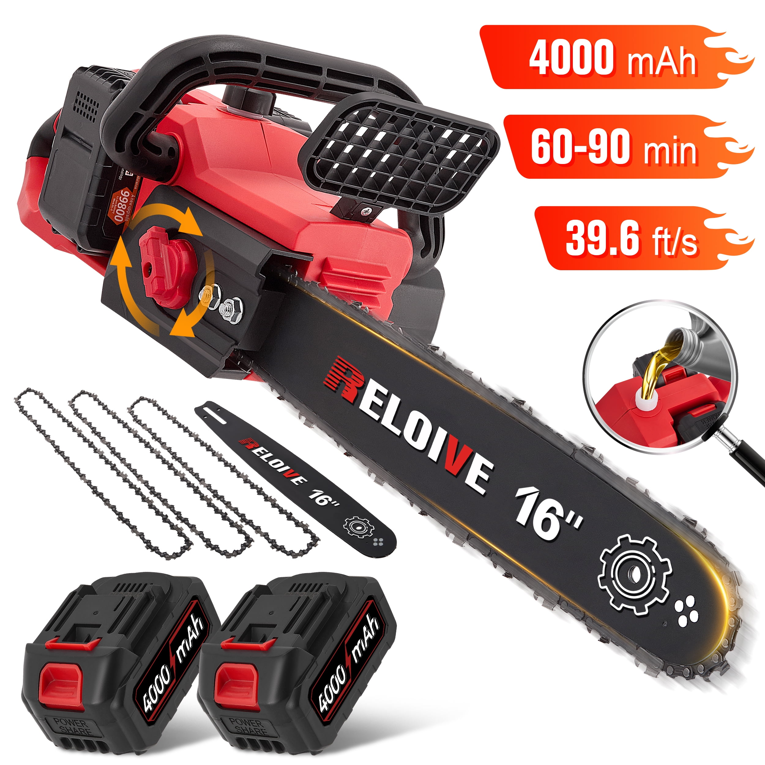 RELOIVE 16-inch Cordless Chainsaw Kit with 2x2000mAh Li Batteries, 3 ...