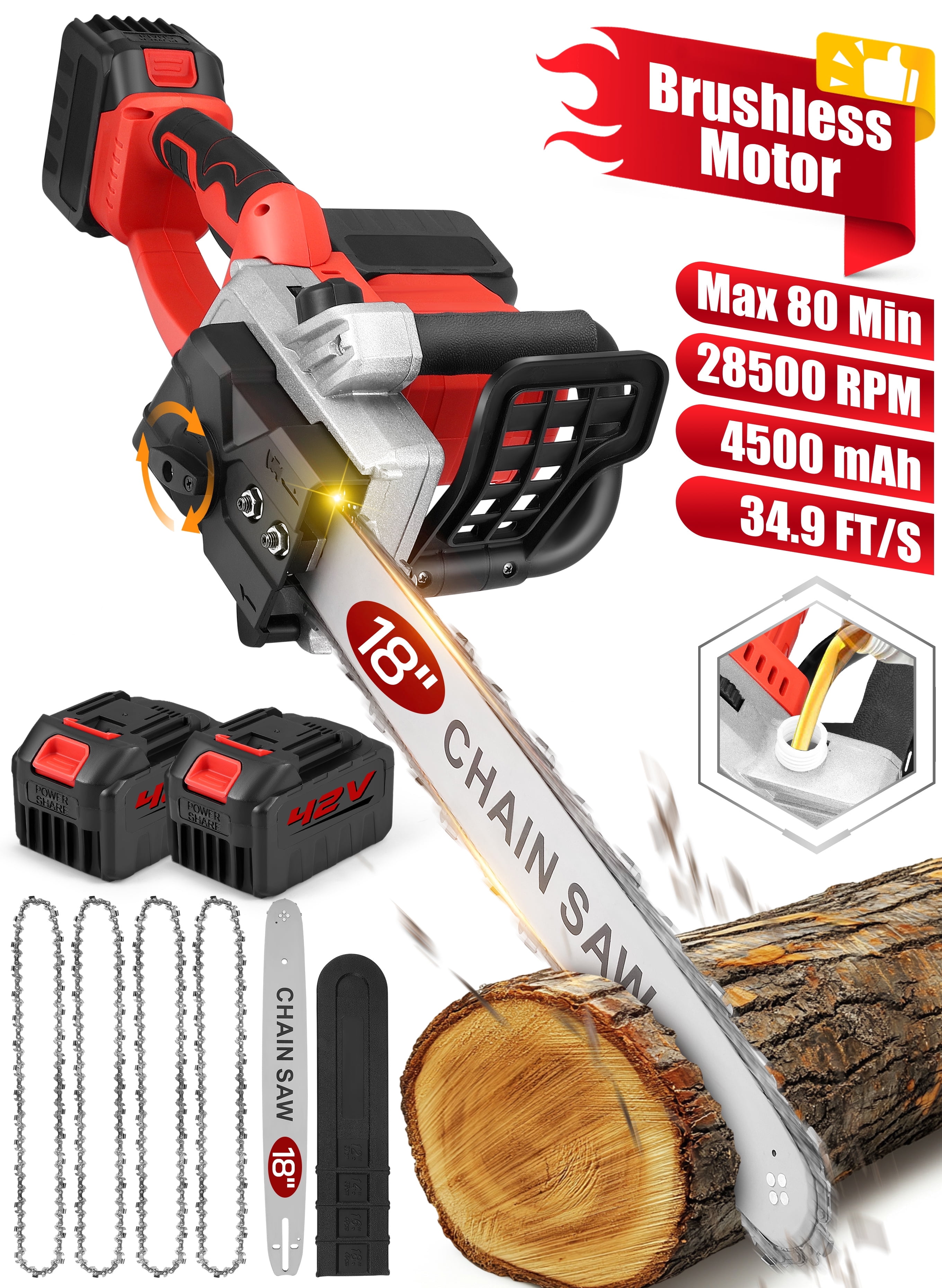 RELOIVE 18-inch Cordless Electric Chainsaw with Brushless Motor, 28,500 ...