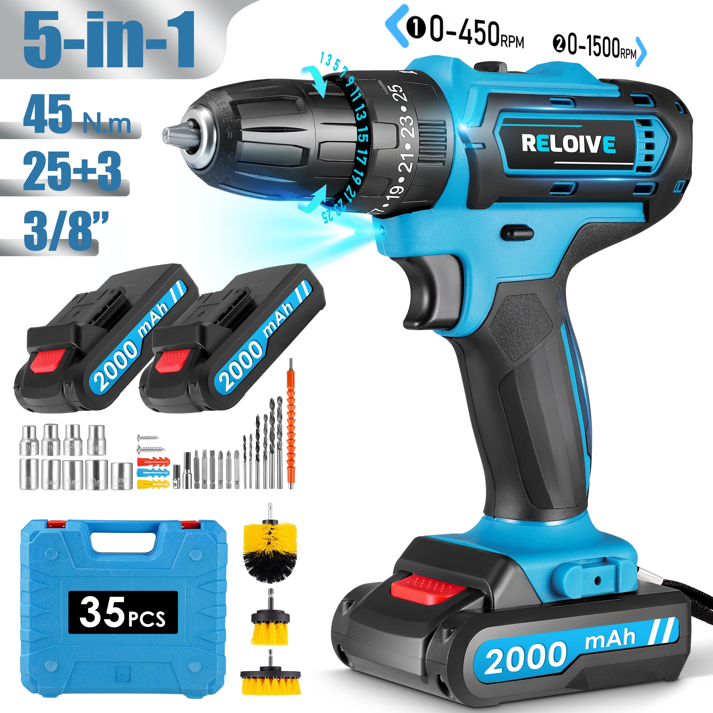 RELOIVE 21V Cordless Drill , 35Pcs Power Drill Set with 2×2.0Ah Battery ...