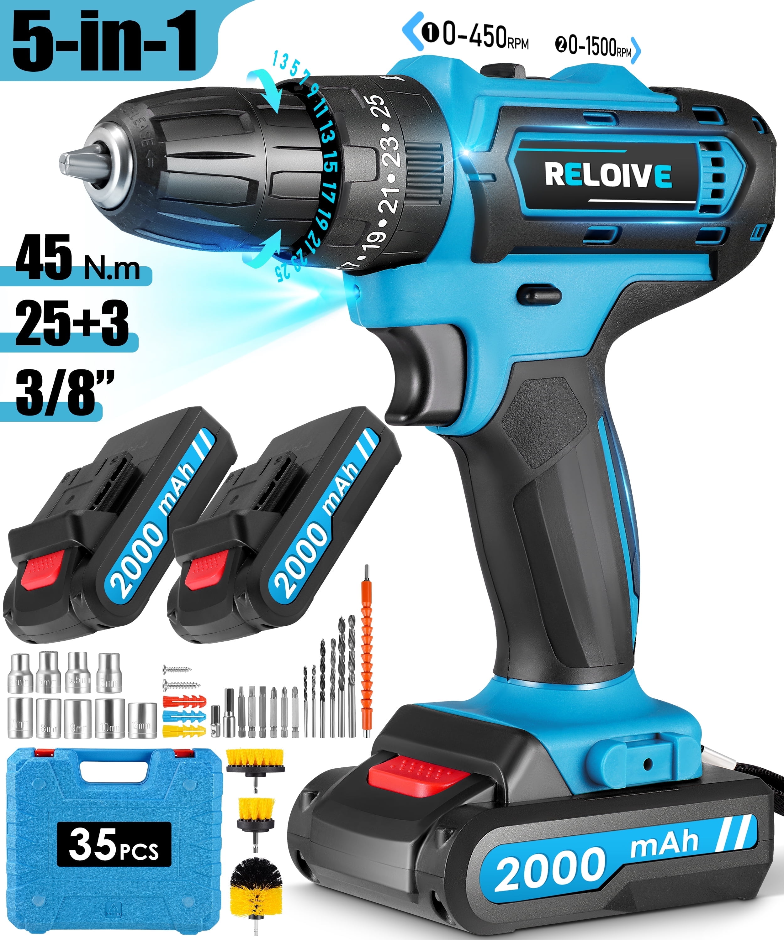RELOIVE 21V Cordless Drill , 35Pcs Power Drill Set with 2×2.0Ah Battery ...