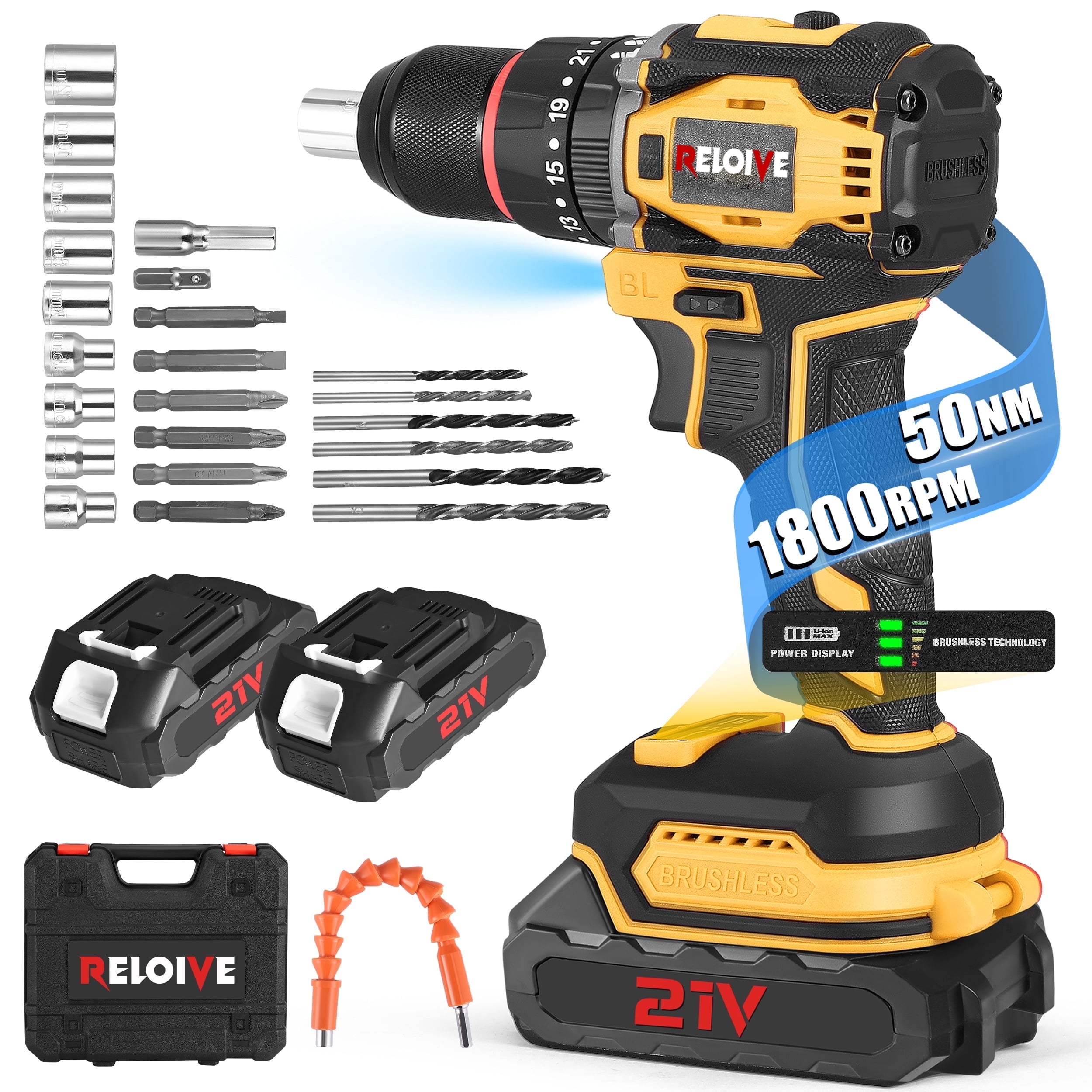 RELOIVE 21V Cordless Electric Drill Set with Brushless Motor(1800RPM ...