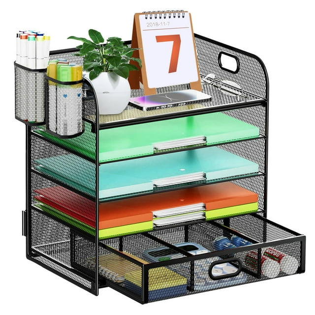 RELOIVE 5 Tier Desk Organizer with File Holder,Mesh Desktop File Organization,Paper Letter Tray ...