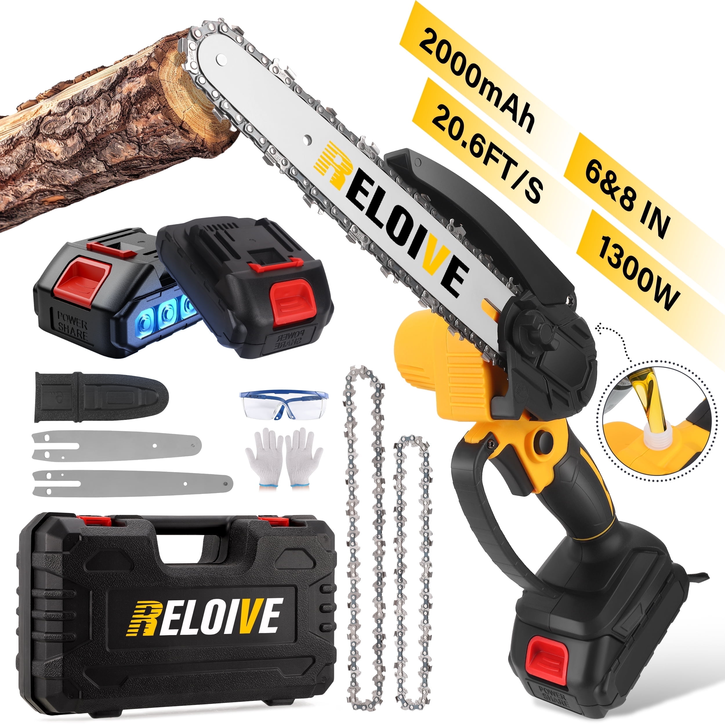 RELOIVE 6"&8" Min Chainsaw, Cordless Chainsaw with 2x 2000mAh Batteries ...