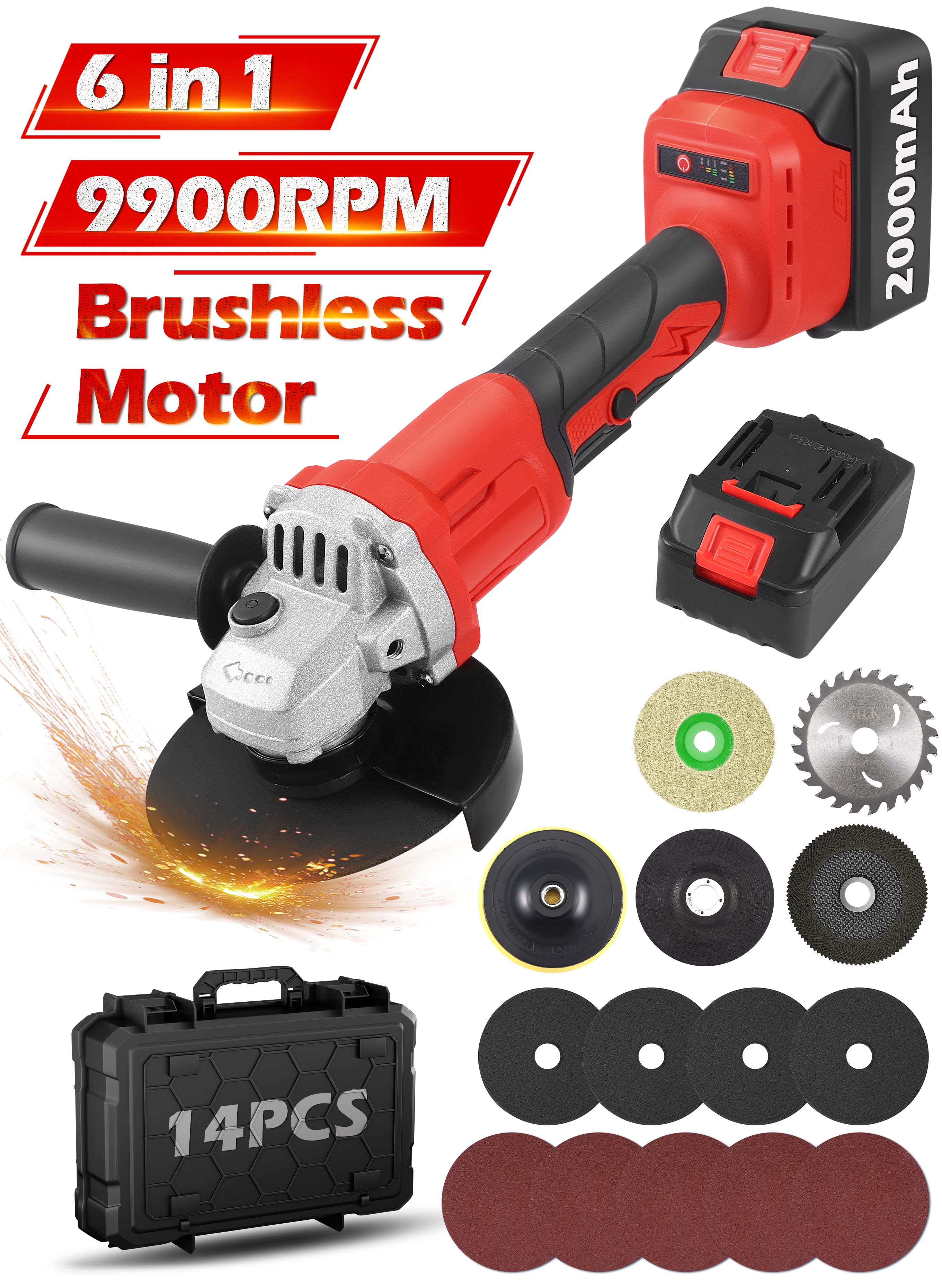 RELOIVE 6-in-1 Cordless Angle Grinder with 9900 RPM Brushless Motor, 3 ...