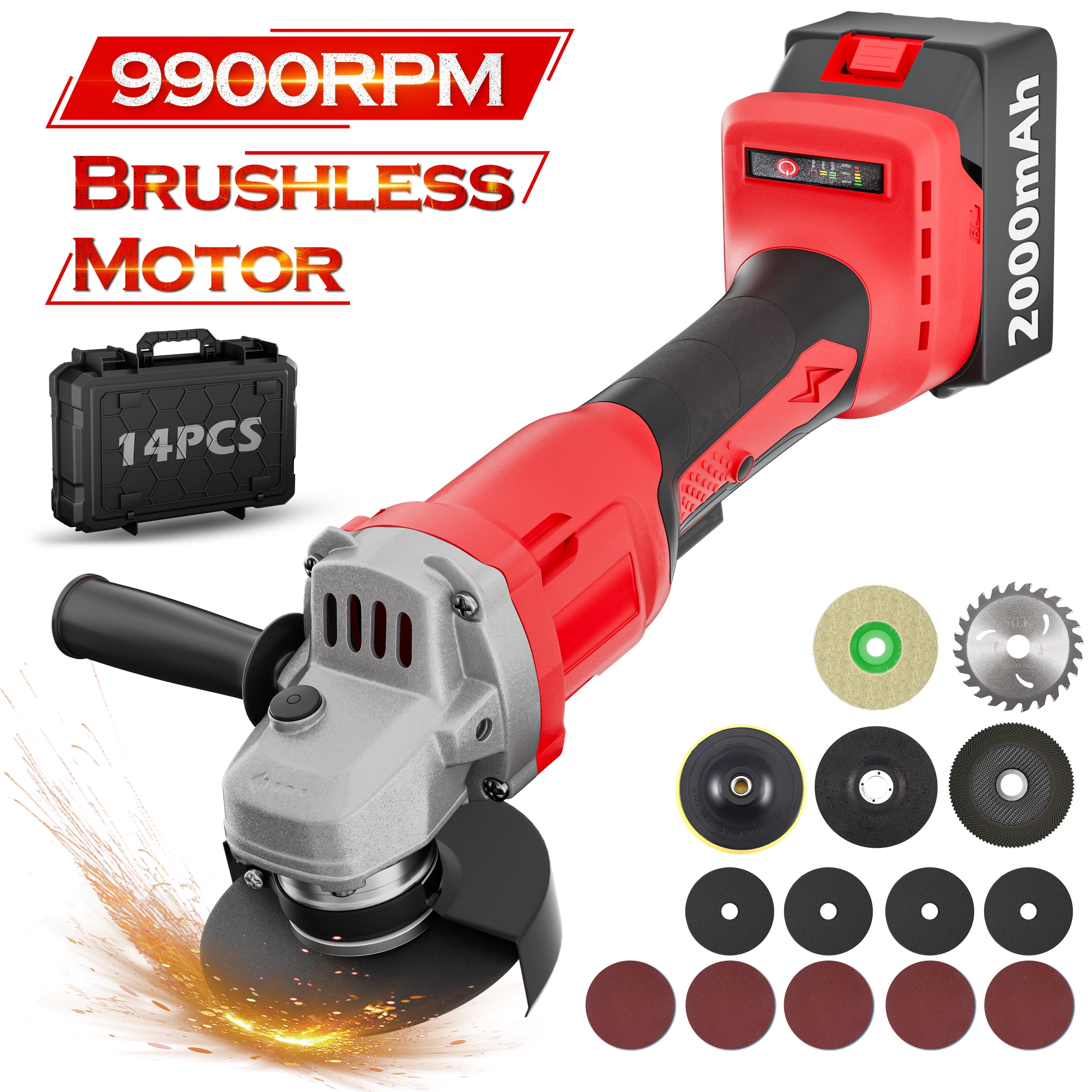 RELOIVE 6-in-1 Cordless Angle Grinder with 9900 RPM Brushless Motor, 3 ...