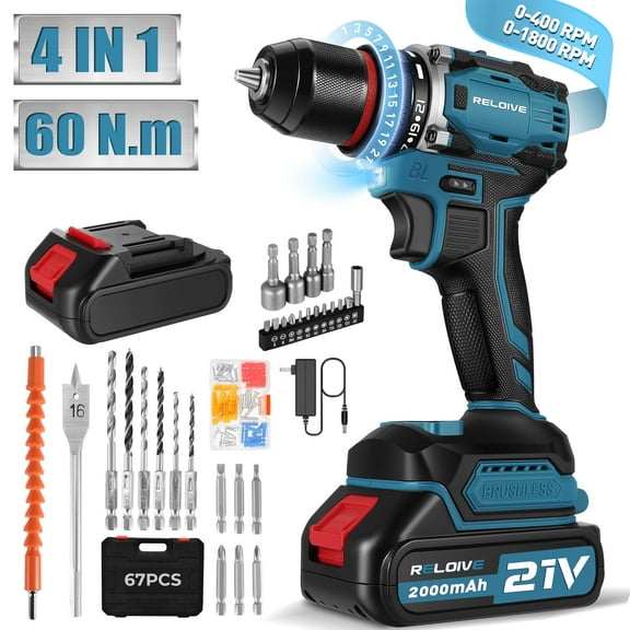 21V Cordless Brushless Power Drill Set with 4.0Ah Large Capacity ...