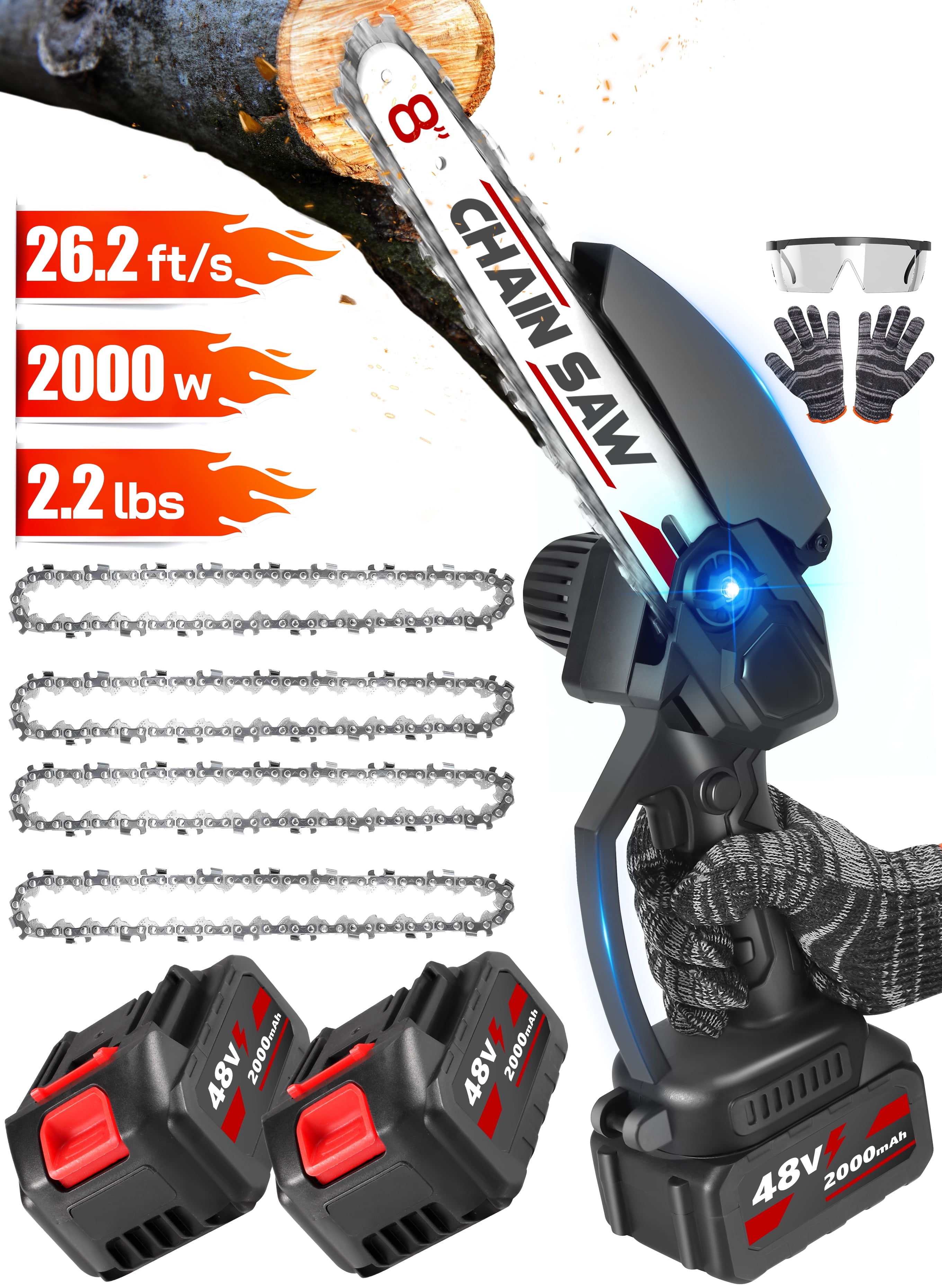 "RELOIVE 8"" Mini Chainsaw Cordless, 4 Chains, 2x 2.0Ah Batteries, Saw ...