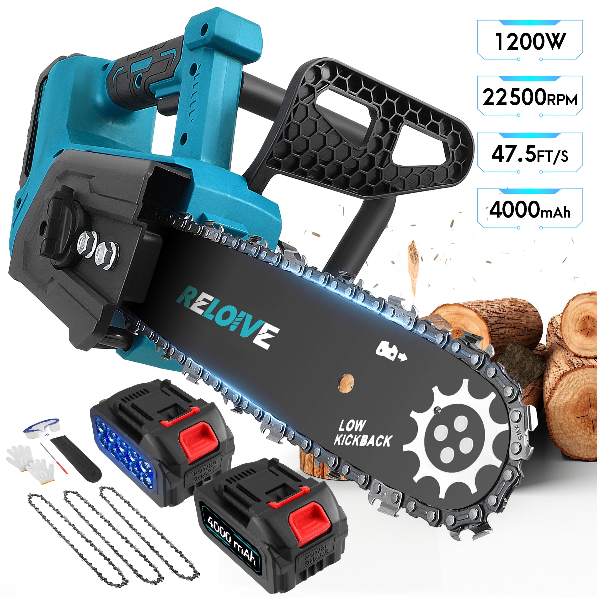 RELOIVE 12" Chainsaw, Cordless battery Chainsaw with 2x 4.0Ah Batteries ...