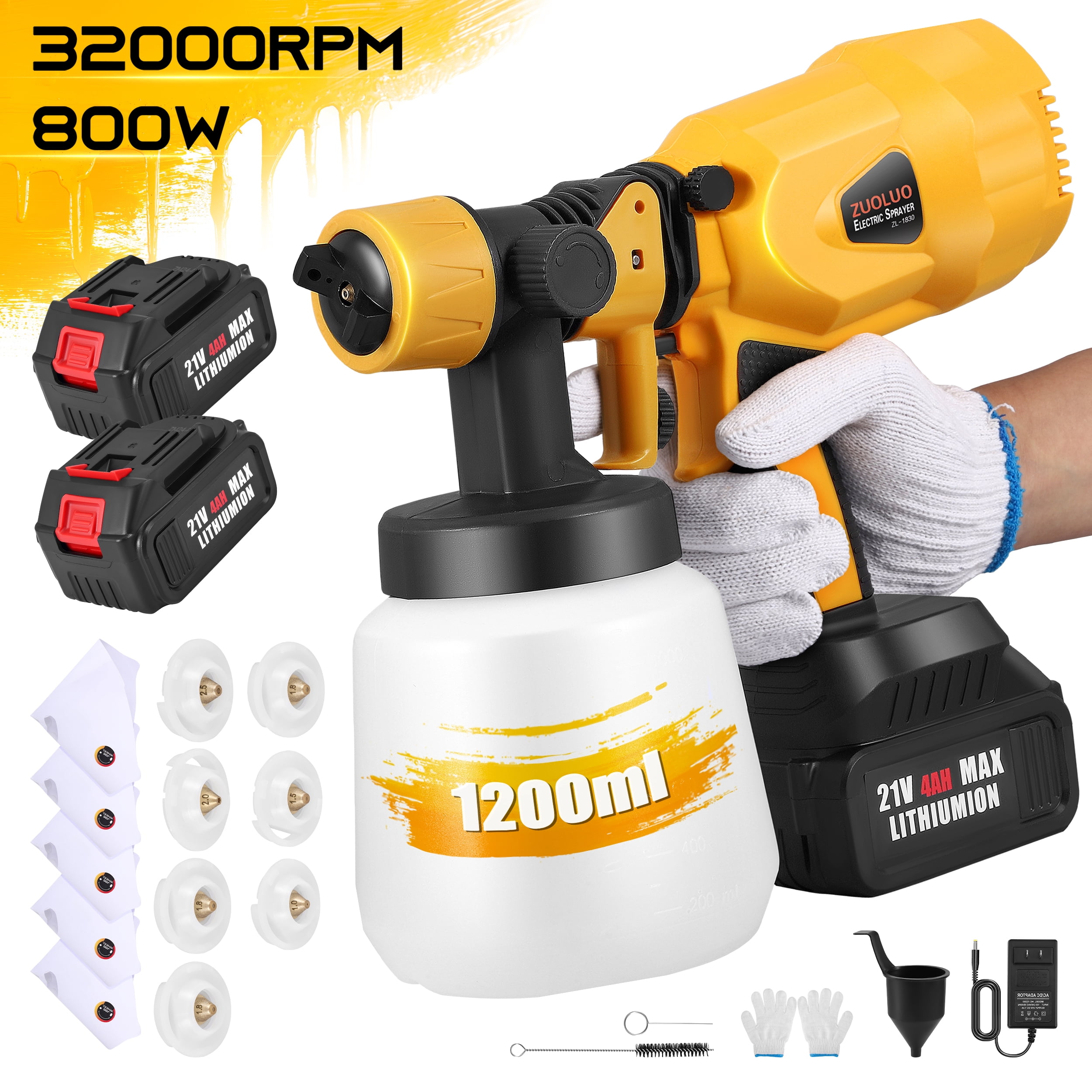 RELOIVE 800W Cordless Paint Sprayer, 1200ml HVLP Electric with 2×4.0Ah ...
