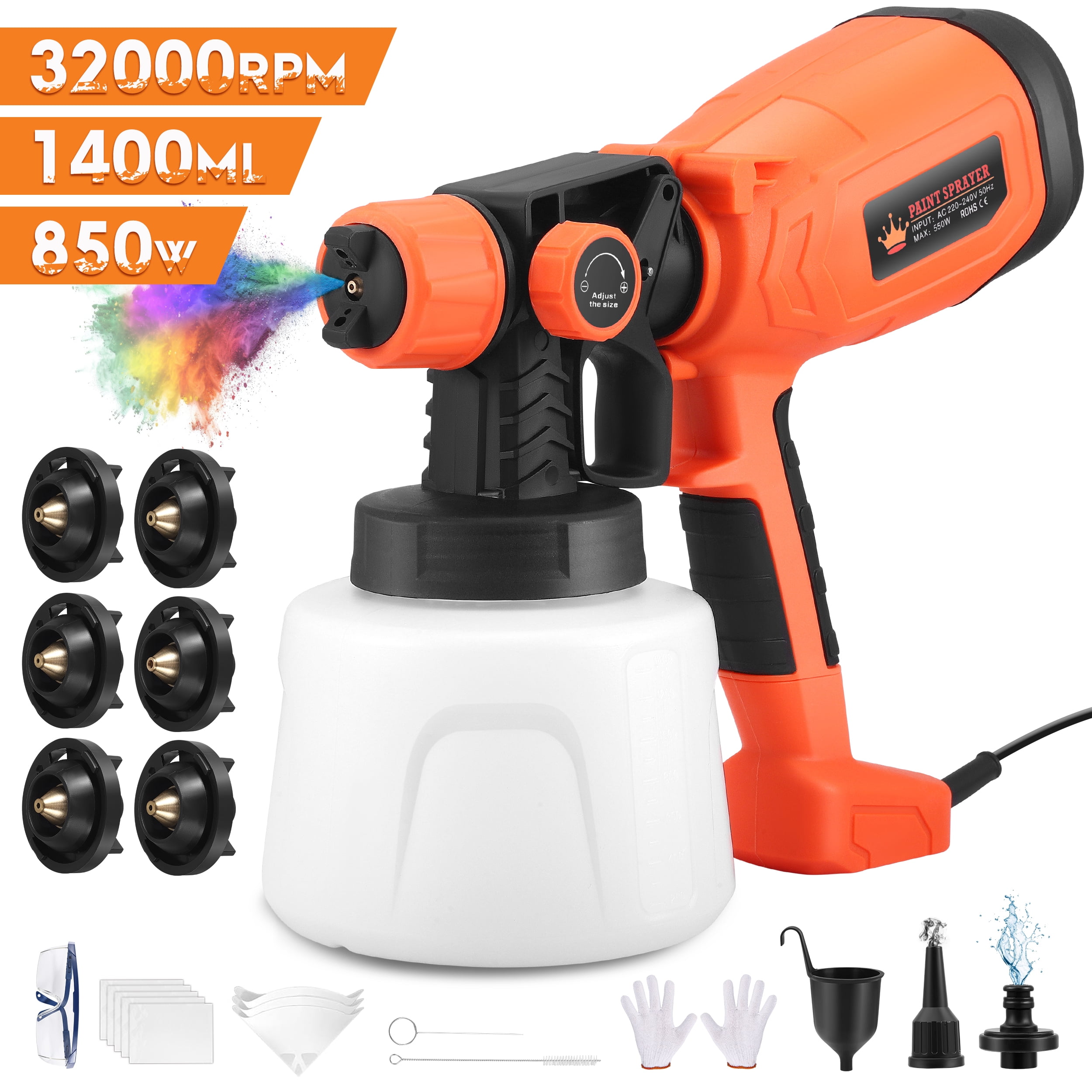 RELOIVE 850W Paint Sprayer, Electric HVLP Spray Gun, 1400ml 32K RPM, 6 ...