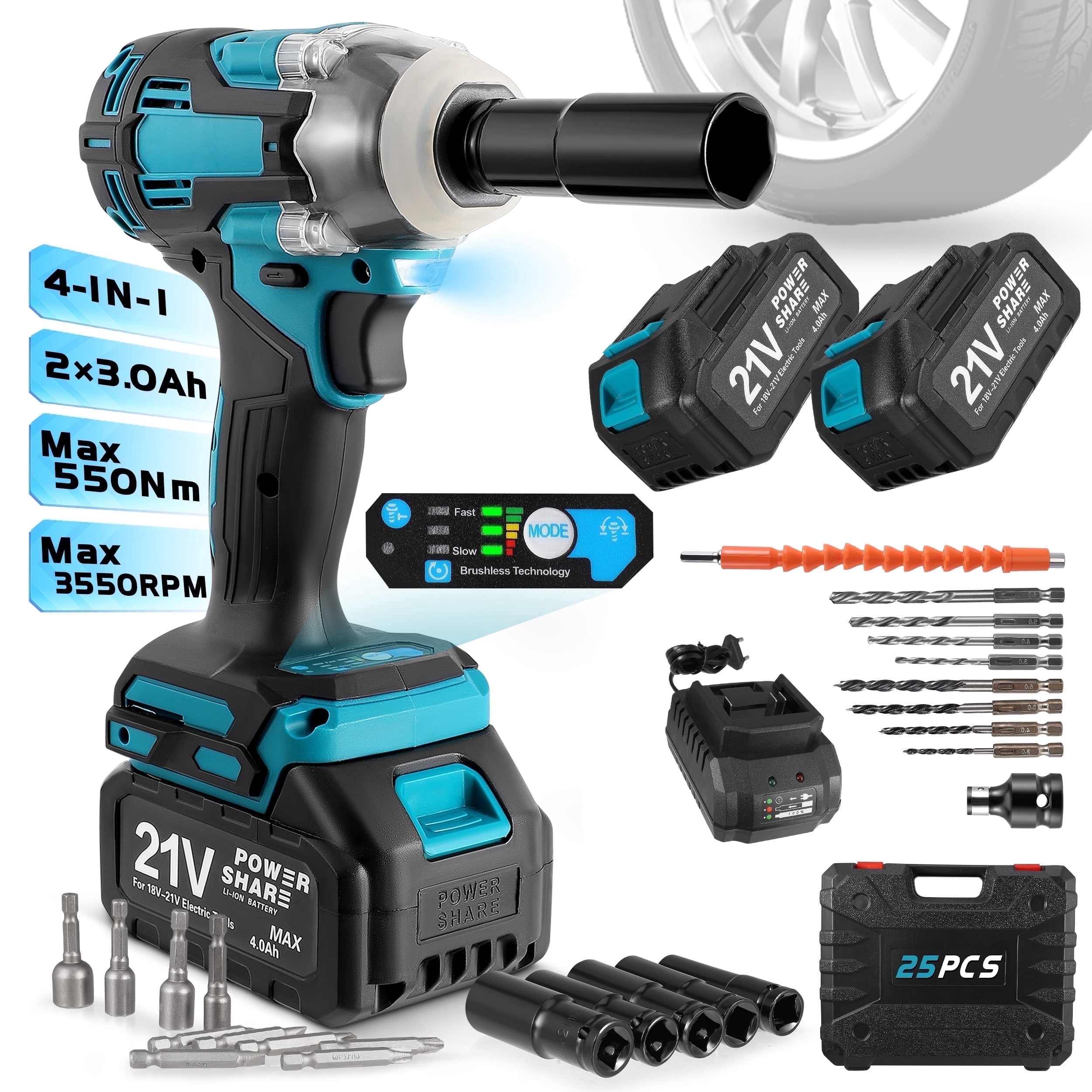 RELOIVE Cordless Impact Wrench Kit, 590 ft-lbs(800 N.m) Max Torque,1/2 ...