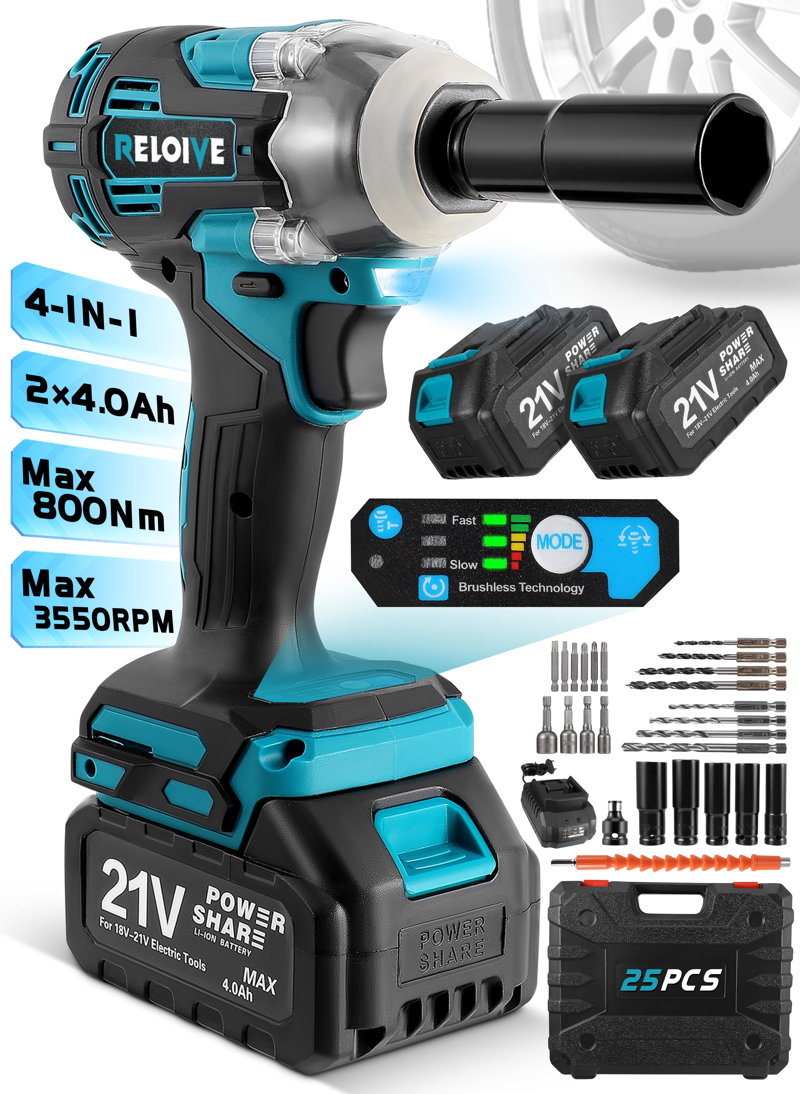 RELOIVE Cordless Impact Wrench Kit, 590 ft-lbs(800 N.m) Max Torque,1/2 ...
