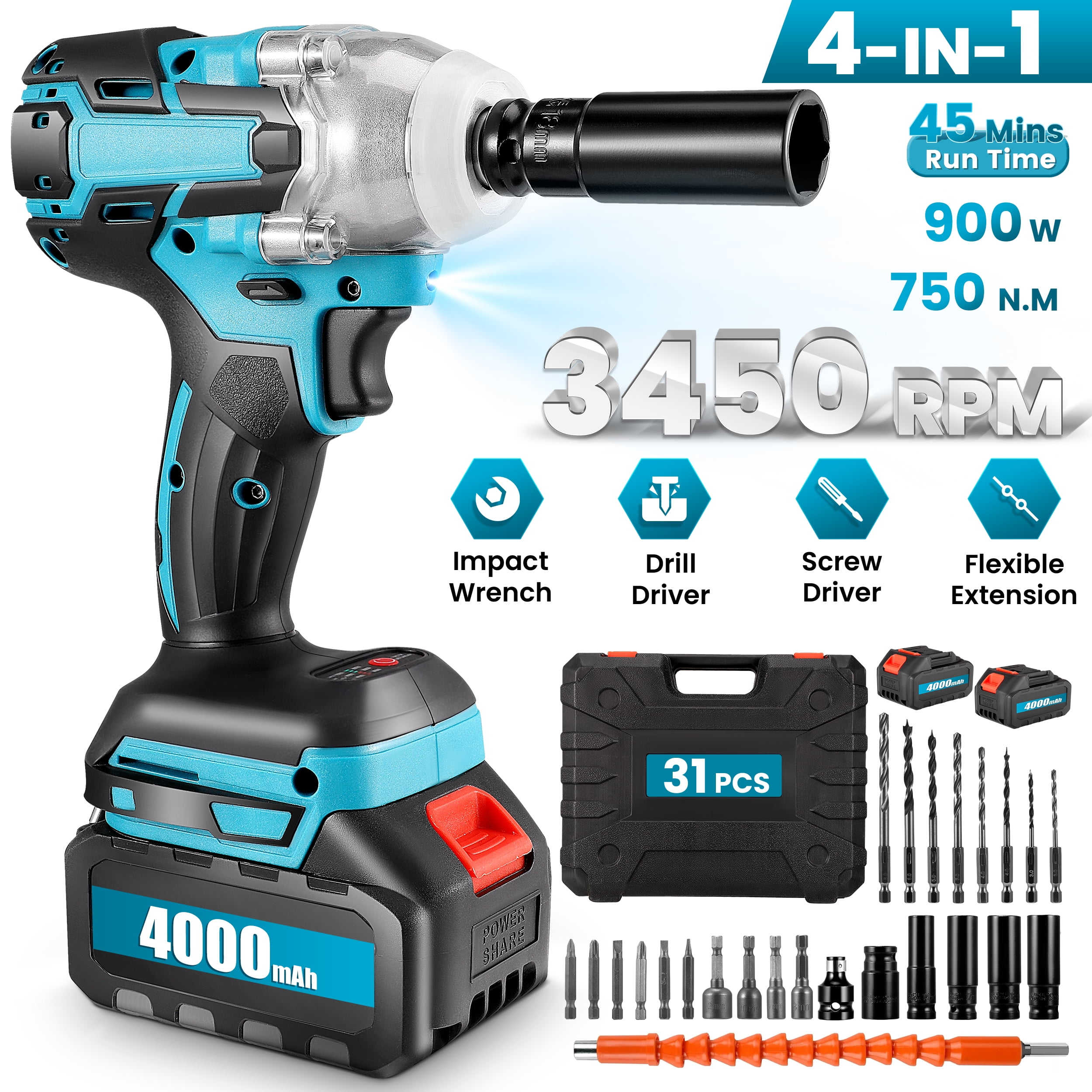 RELOIVE Cordless Impact Wrench 1/2", 553ft-lbs (750N.m) High Torque ...