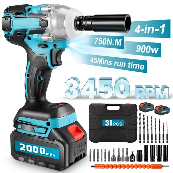 Cordless Impact Wrench1/2 Inch, 600N. M/450Ft-lbs Power Impact Gun Kit ...