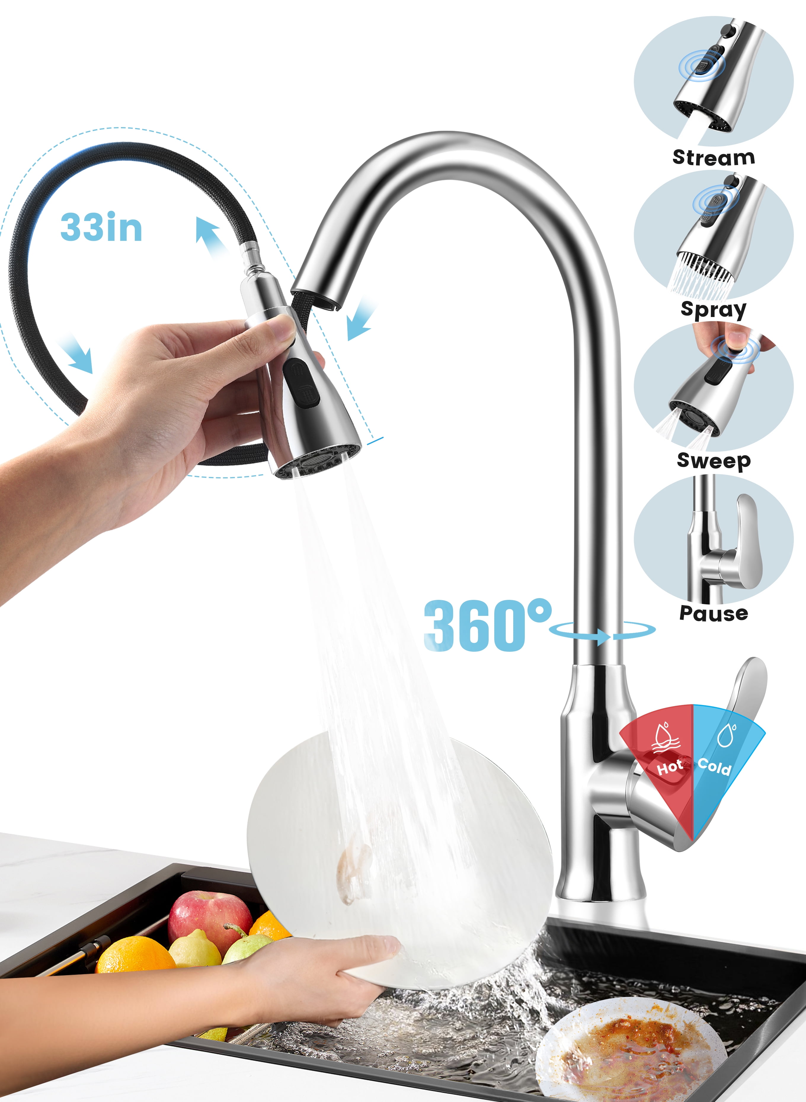 RELOIVE Kitchen Faucet, 4 IN 1 Stainless Steel Kitchen Faucet with 33 ...