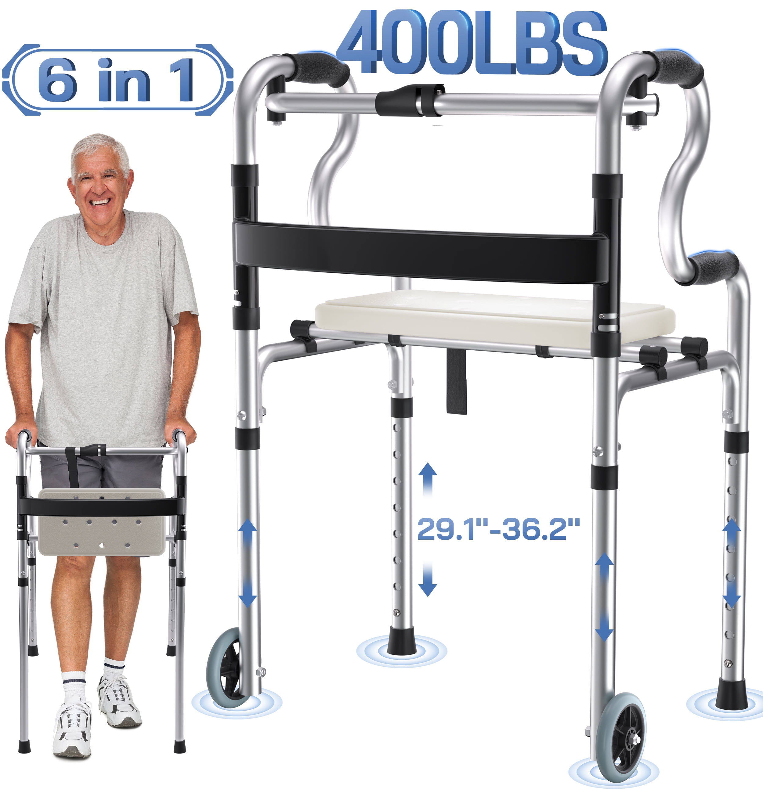 RELOIVE Folding Walker with Wheels,3 in 1 Lightweight Rolling Walker ...