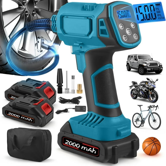 Digital Tire Inflator with Auto Shut Off 150 PSI Max Portable Air Compressor for Car Bike Ball ...