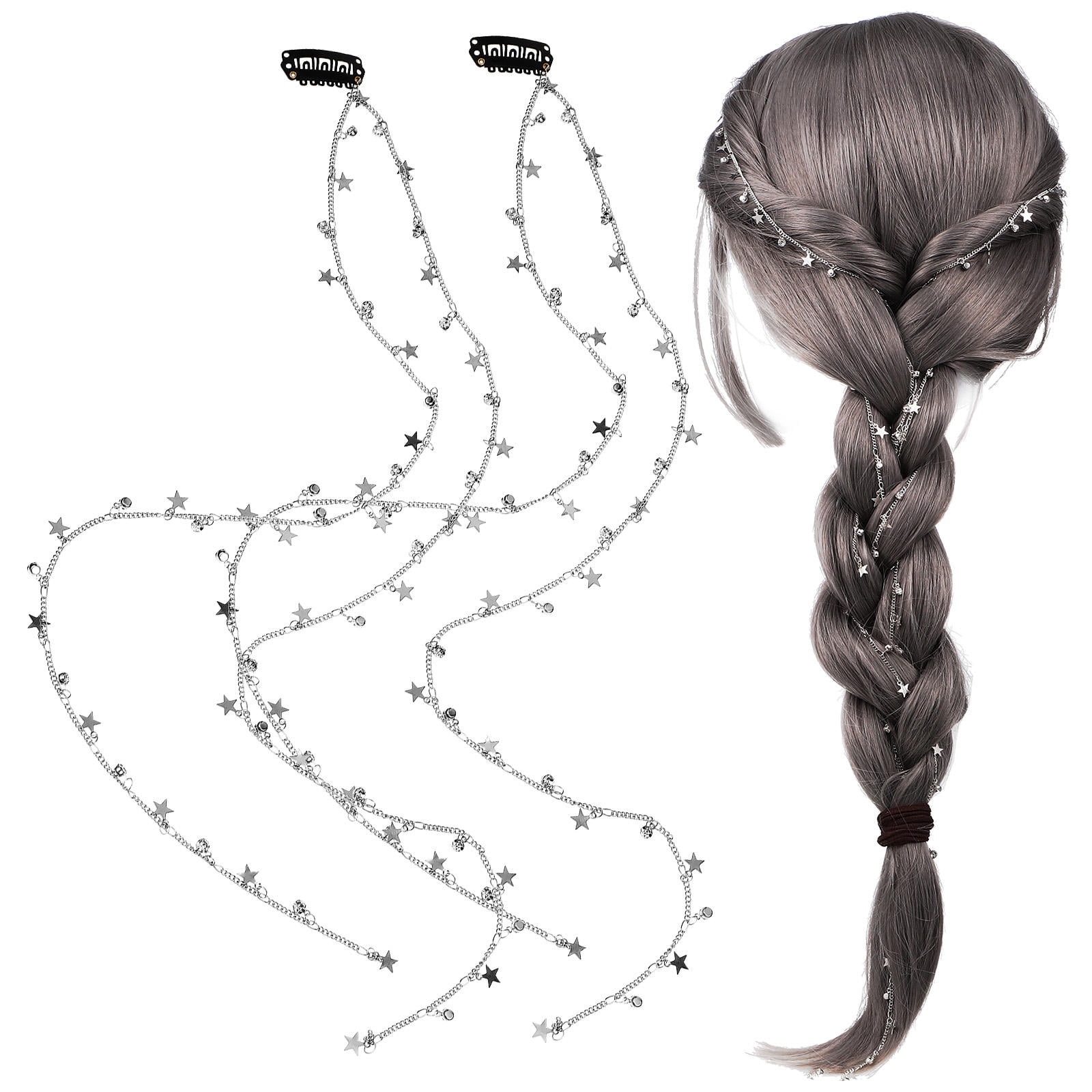 RENACLIPY 2pcs Star Hair Chain Clip in Braids Silver Alloy Hair Jewelry ...