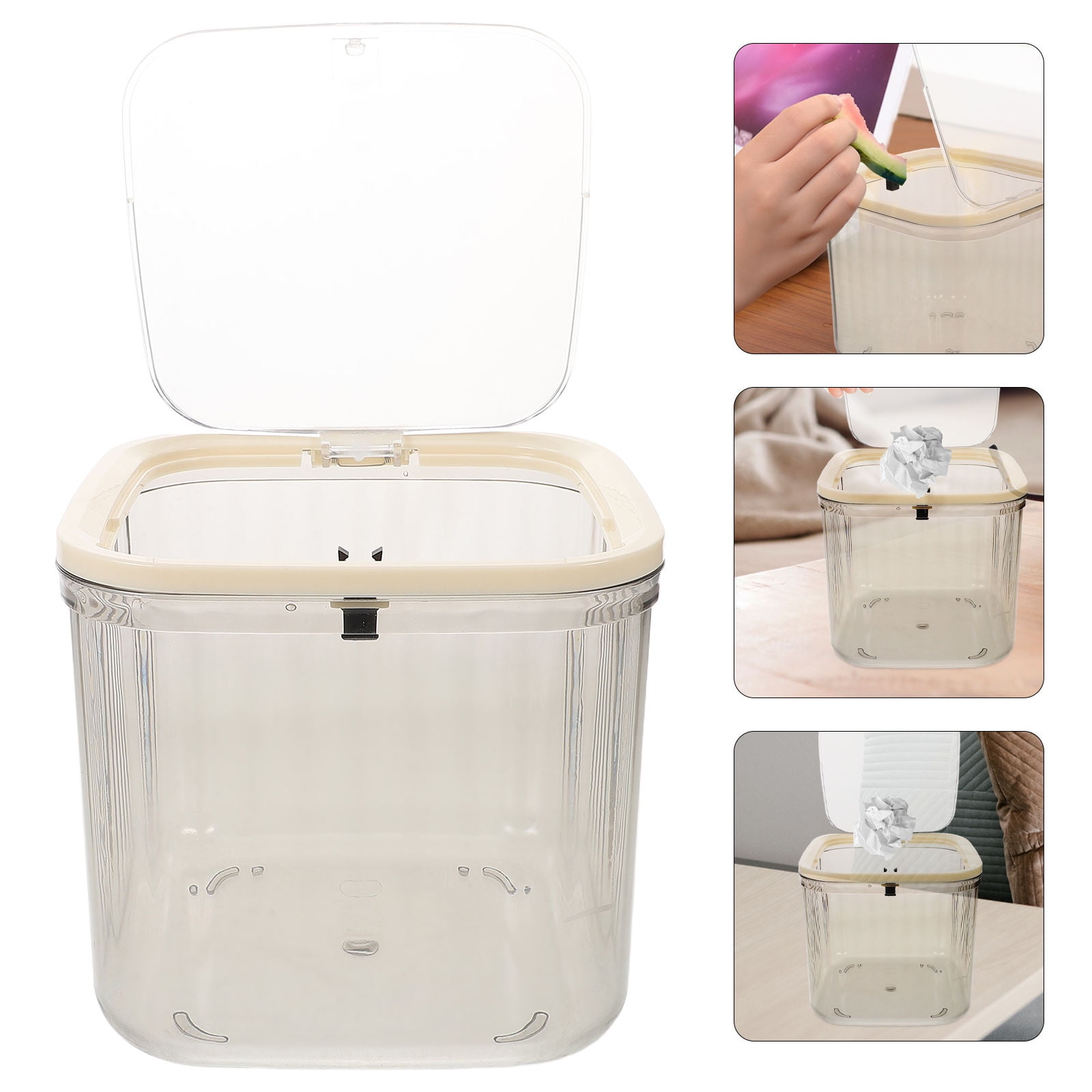 RENACLIPY Compact Grey Plastic Desktop Trash Can with Push Top Lid ...