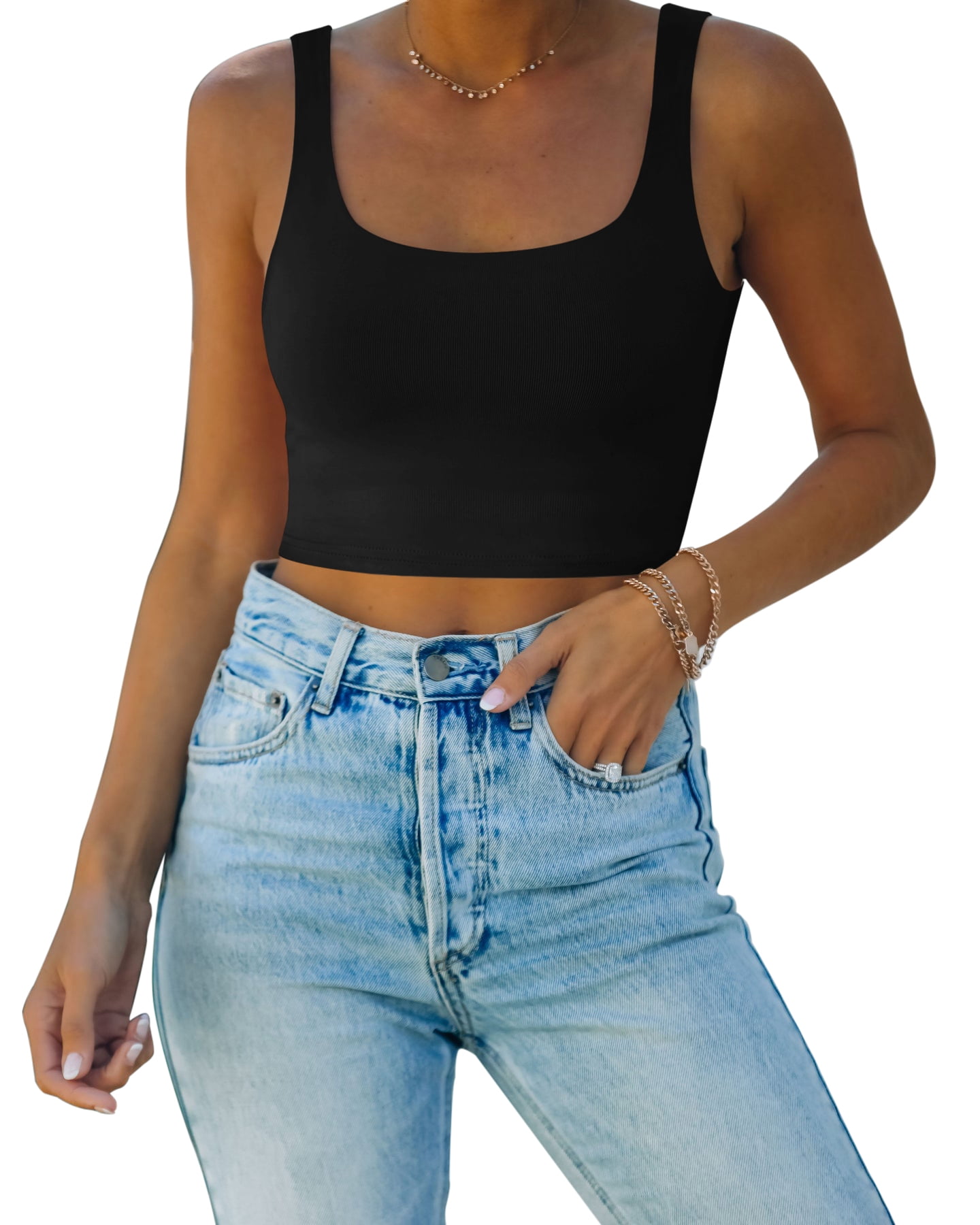 REORIA Square Neck Crop Tank for Women Seamless Ribbed Tank Basic Slim ...