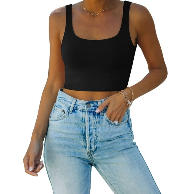 REORIA Square Neck Crop Tank for Women Seamless Ribbed Tank Basic Slim ...