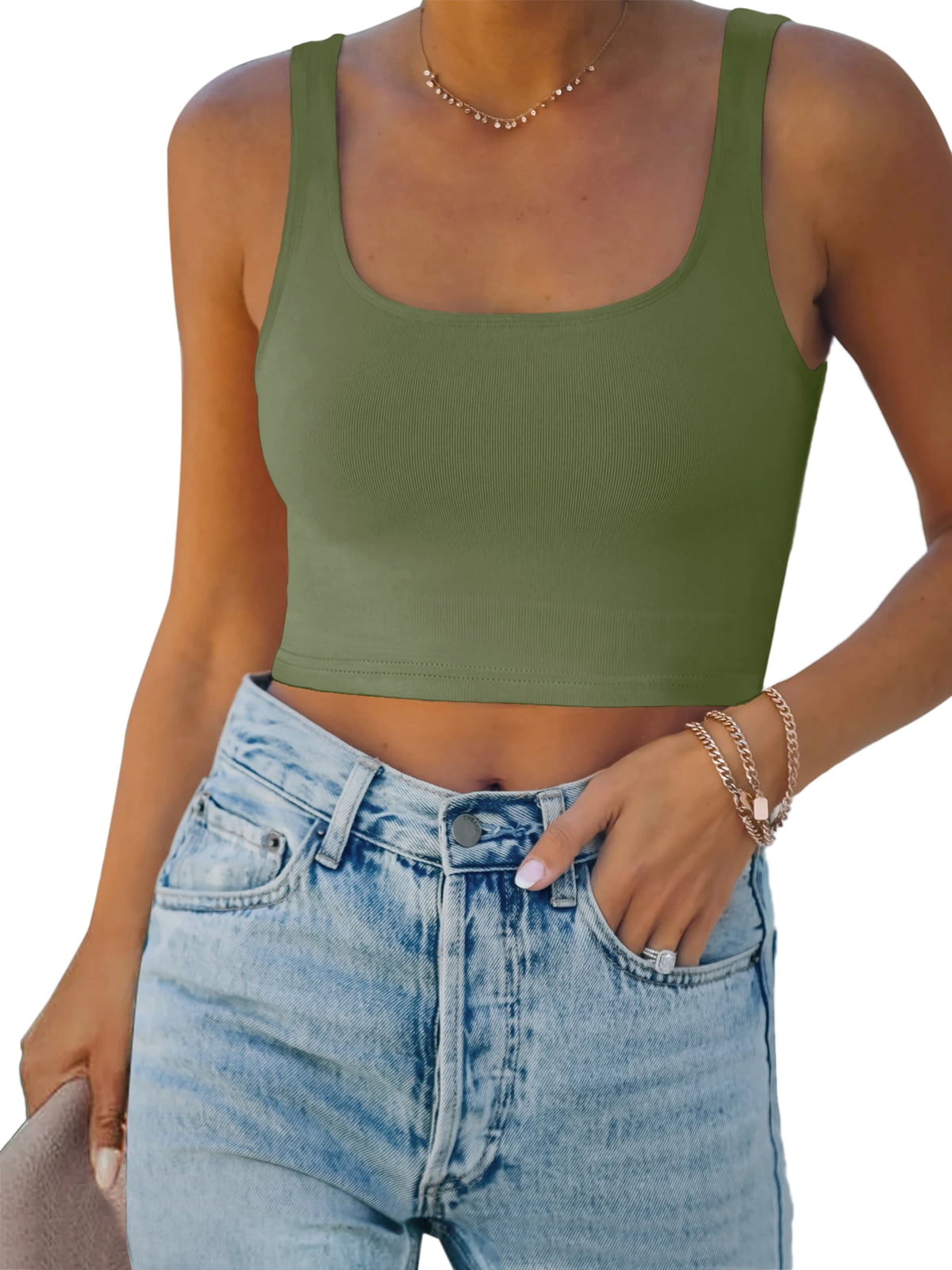 REORIA Square Neck Crop Tank for Women Seamless Ribbed Tank Basic Slim ...