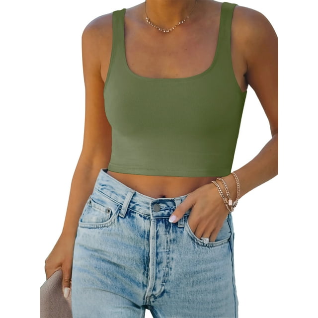 REORIA Square Neck Crop Tank for Women Seamless Ribbed Tank Basic Slim ...