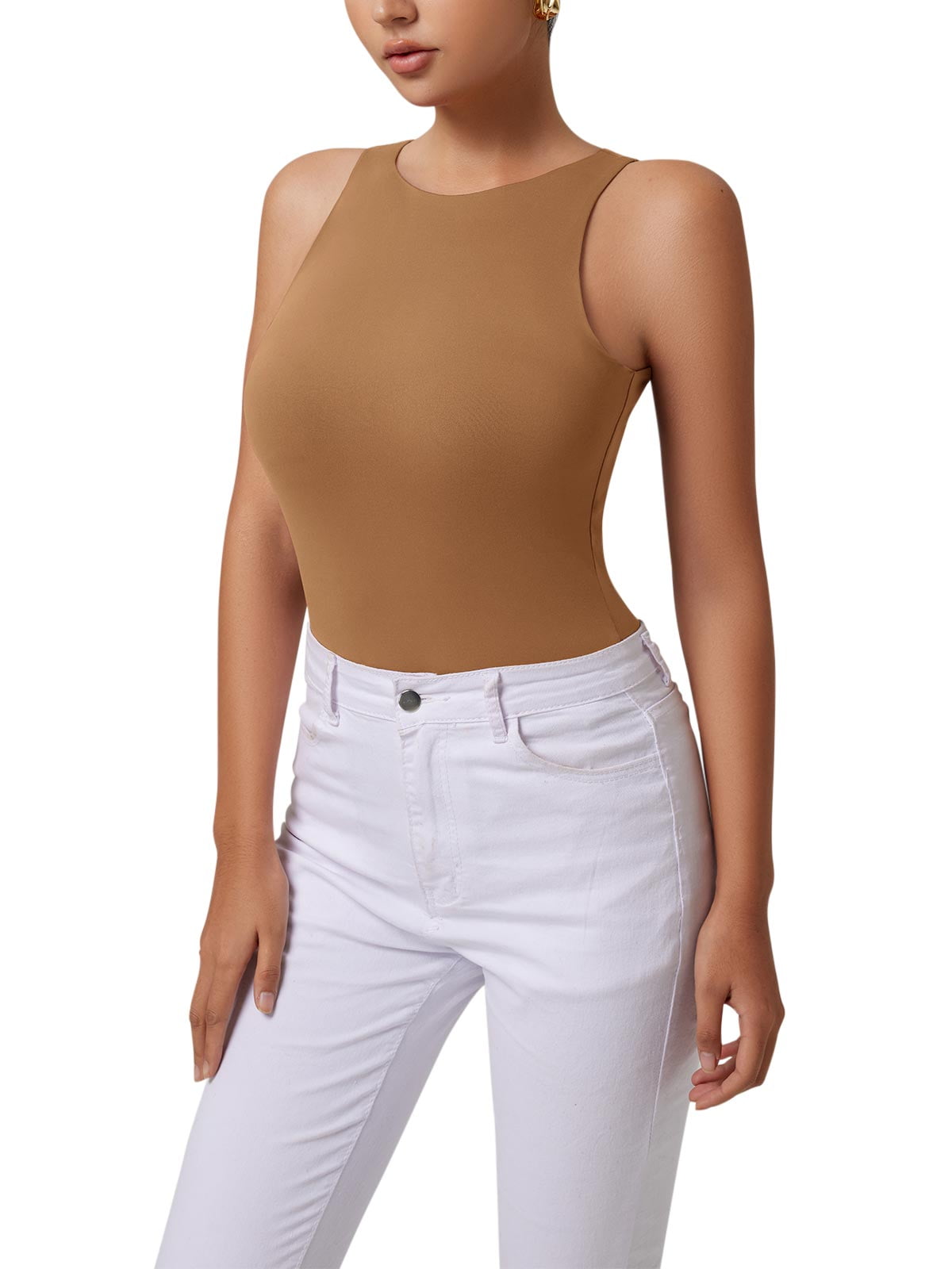 Reoria Tank Bodysuit For Women Halter Neck Sleeveless Ribbed Bodysuit