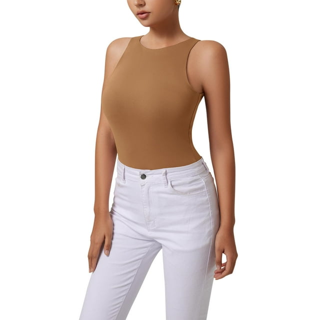 REORIA Tank Bodysuit for Women Halter Neck Sleeveless Ribbed Bodysuit ...