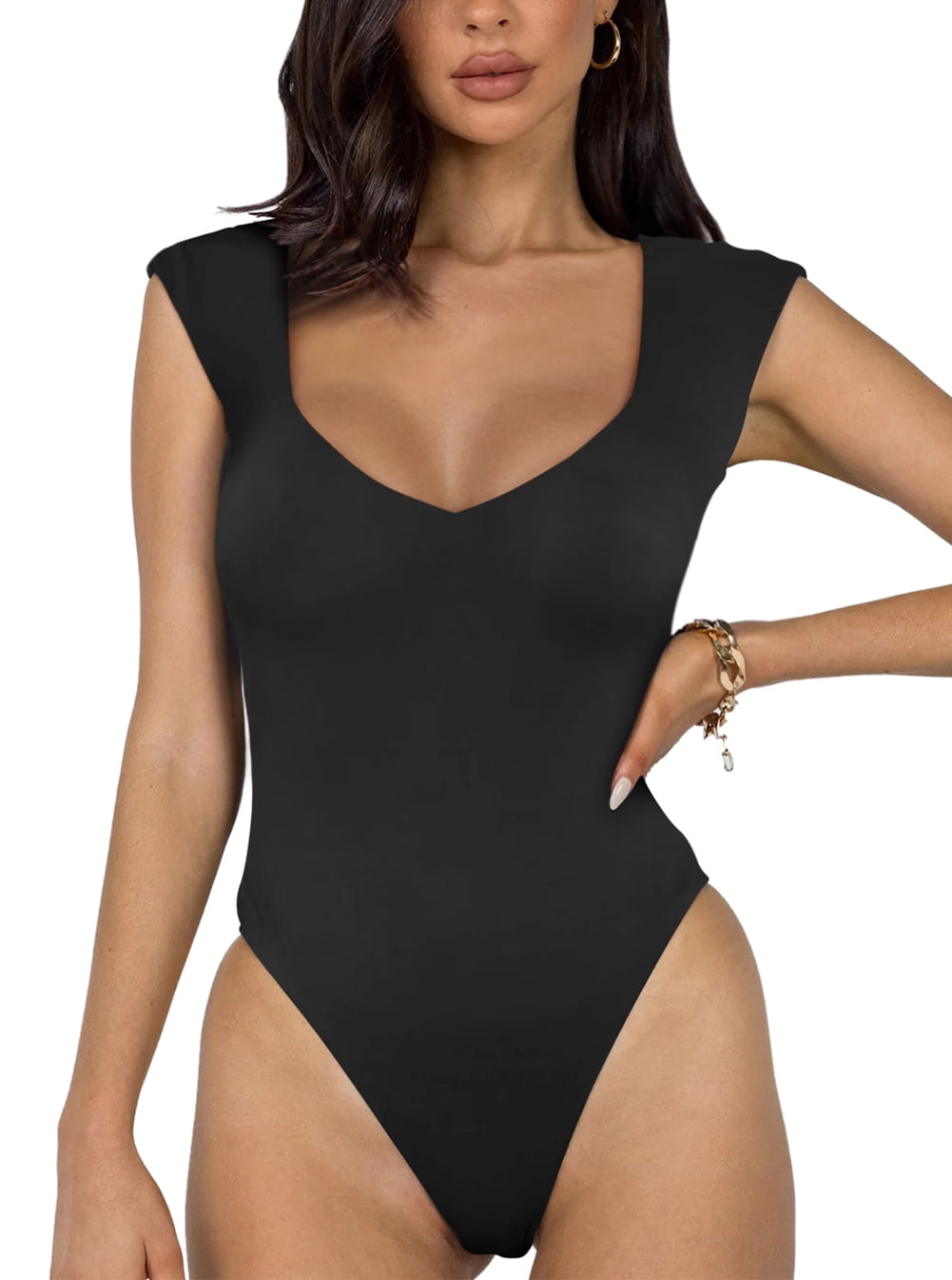 Reoria Tank Bodysuit For Women Square V Neck Sleeveless Bodysuit