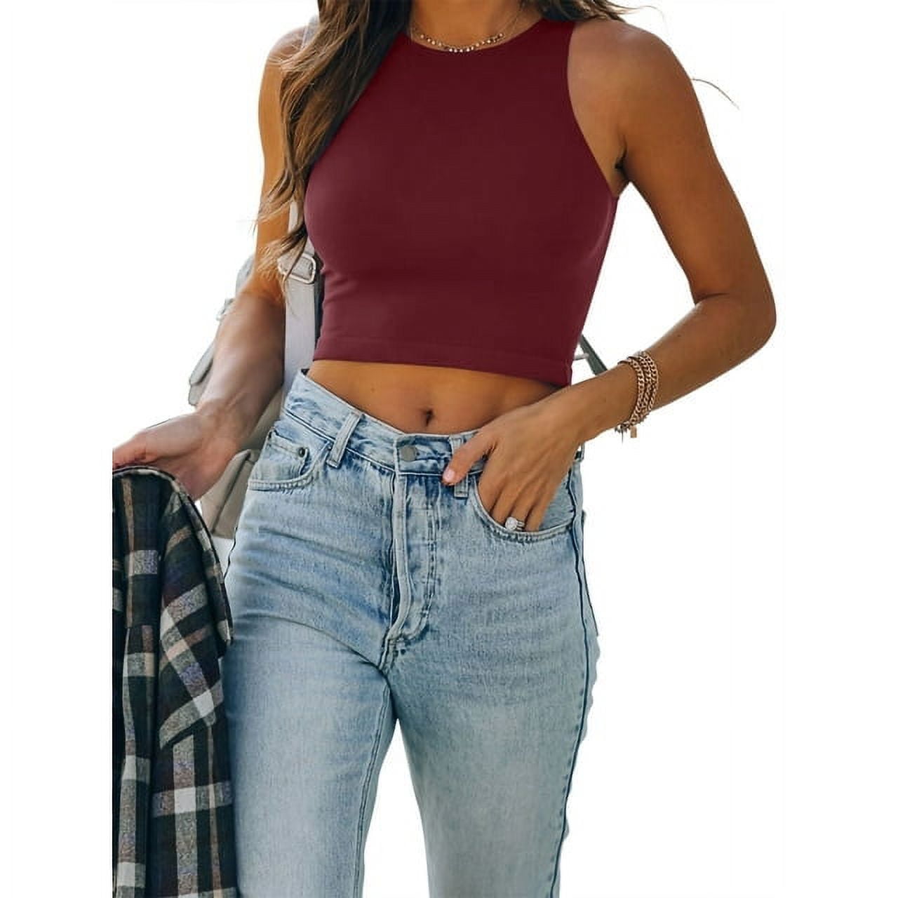 REORIA Women Halter Crop Tops Seamless Double Lined Racerback Cropped ...