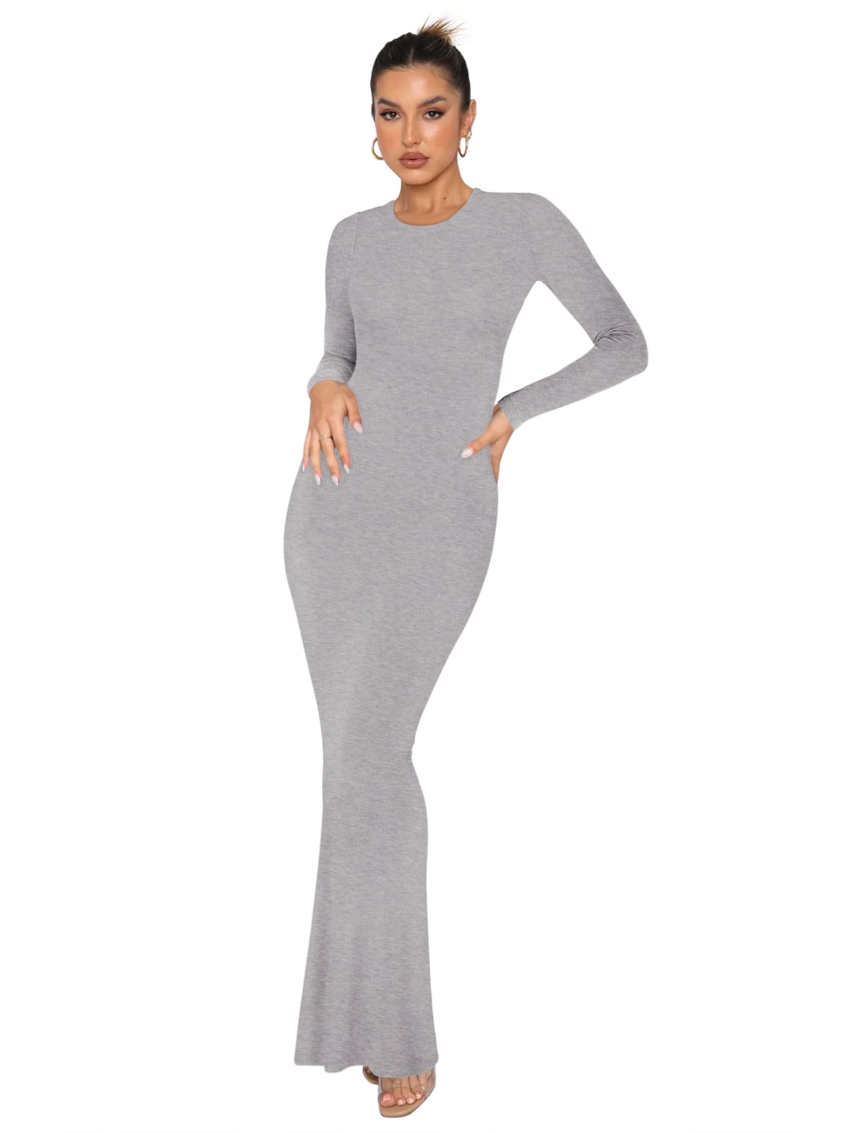 REORIA Women Long Sleeve Bodycon Dress Sexy Crew Neck Ribbed Basic Maxi ...
