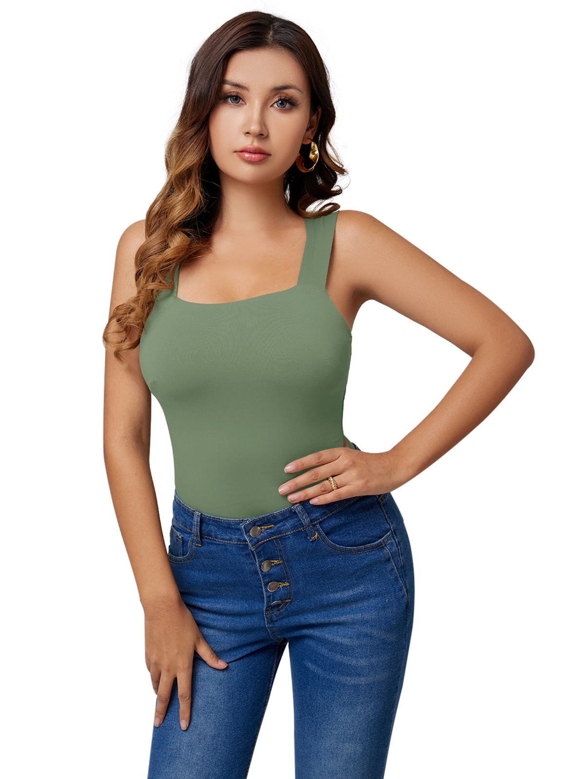 REORIA Women Tank Bodysuit Square Neck Sleeveless Tank Top Basic Slim ...