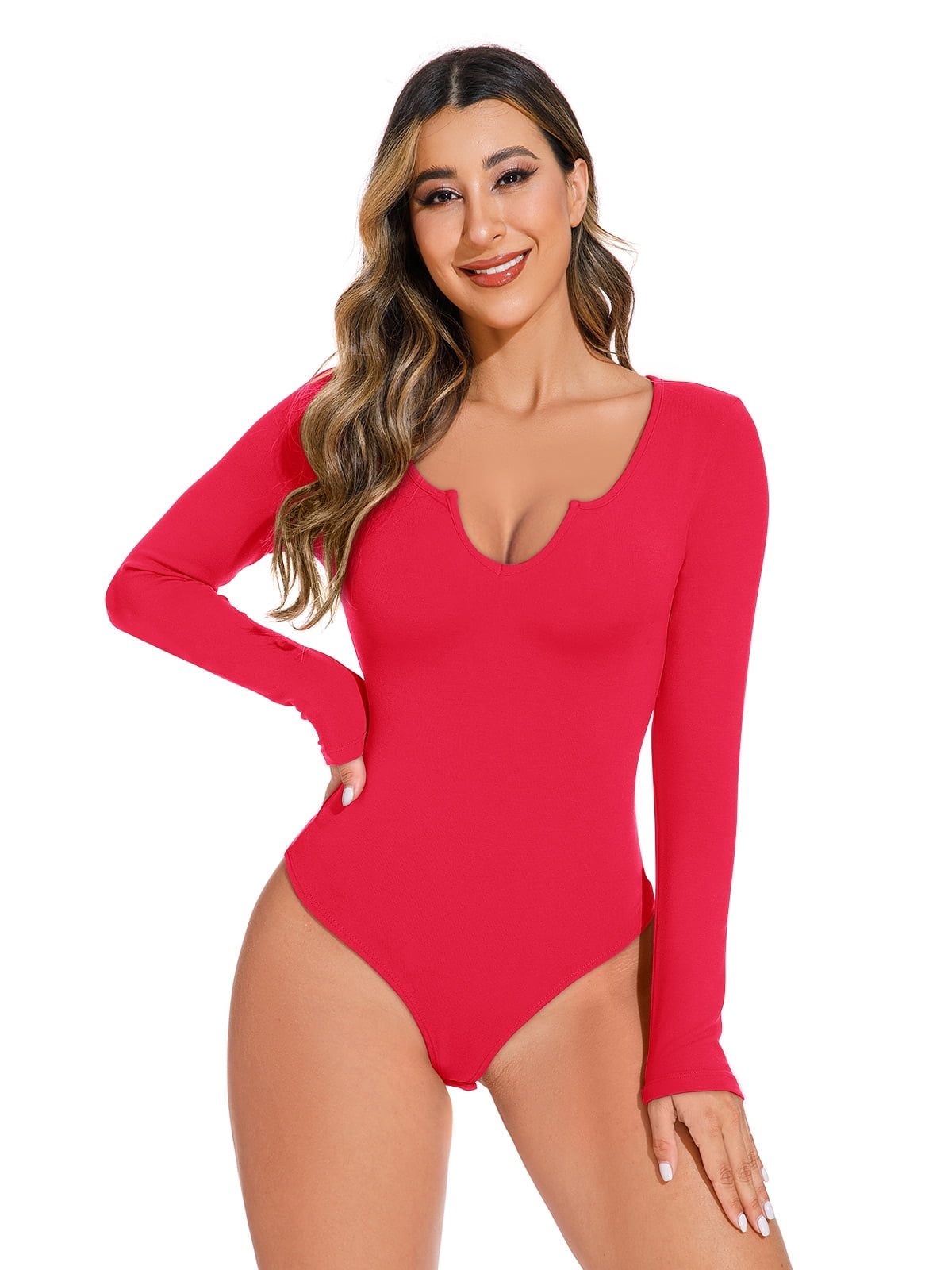 Reoria Womens Sexy V Neck Long Sleeve Bodysuit Thong Tops Slimm Fit