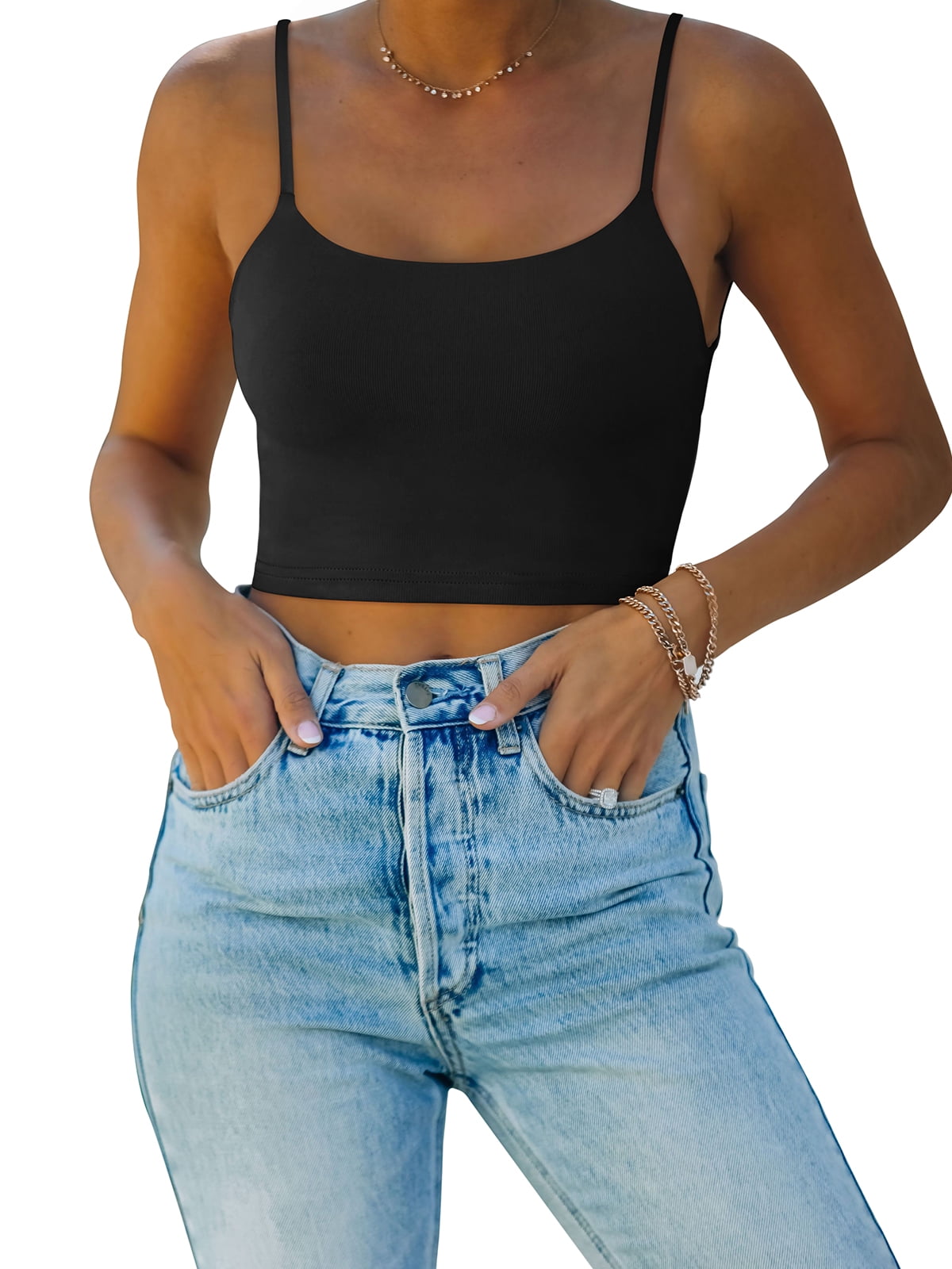 REORIA Womens Crop Tops Double Layer Sling Square Neck Basic Cropped ...