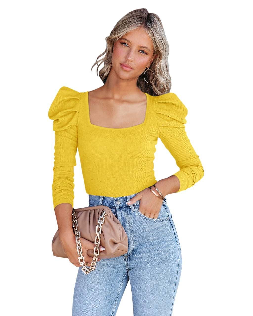 Reoria Womens Ribbed Slimming Bodysuit Tops With Stylish Square Neck