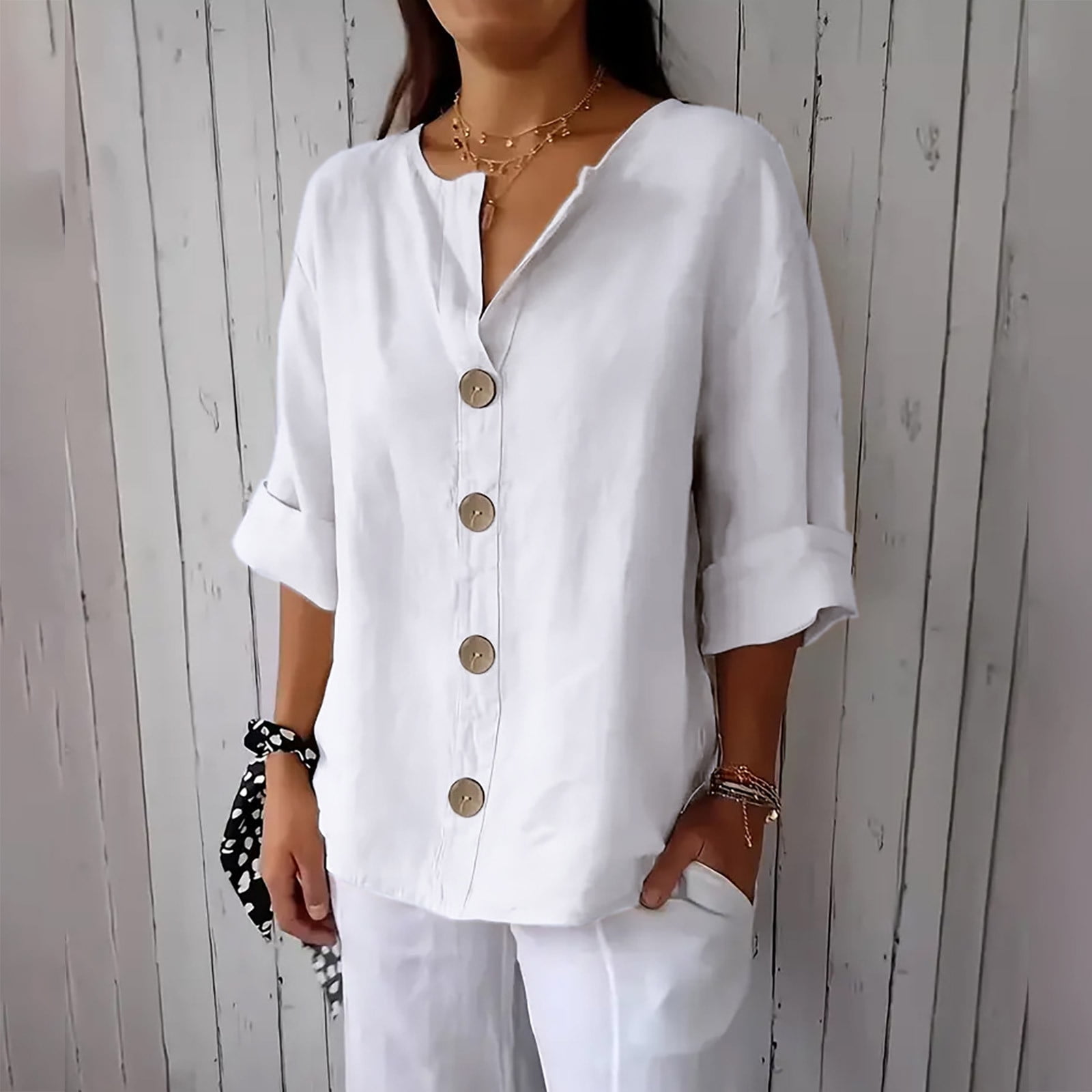 REORIAFEE 3/4 Sleeve Tops for Women Dressy with Button Cotton And Linen ...