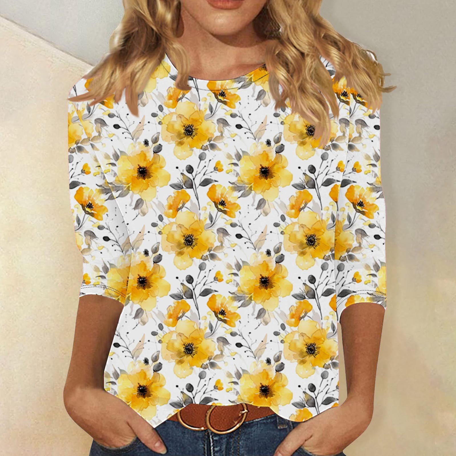 REORIAFEE Blouses for Women 3/4 Sleeve Tops Floral Prints Round Neck Blouse Basics Casual Shirt ...