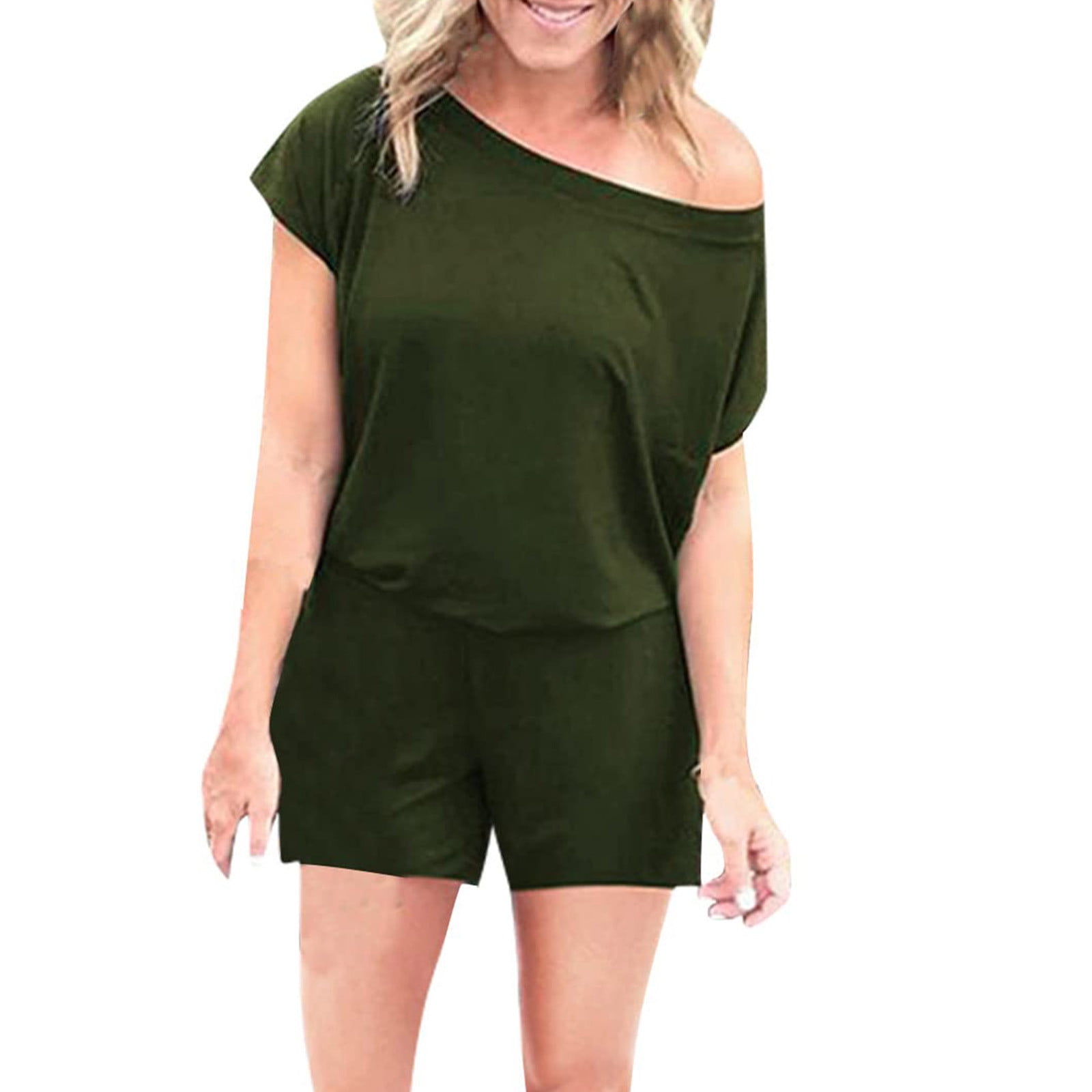 Reoriafee Cocktail Jumpsuits For Women Evening One Shoulder Short Sleeve Romper Solid Color