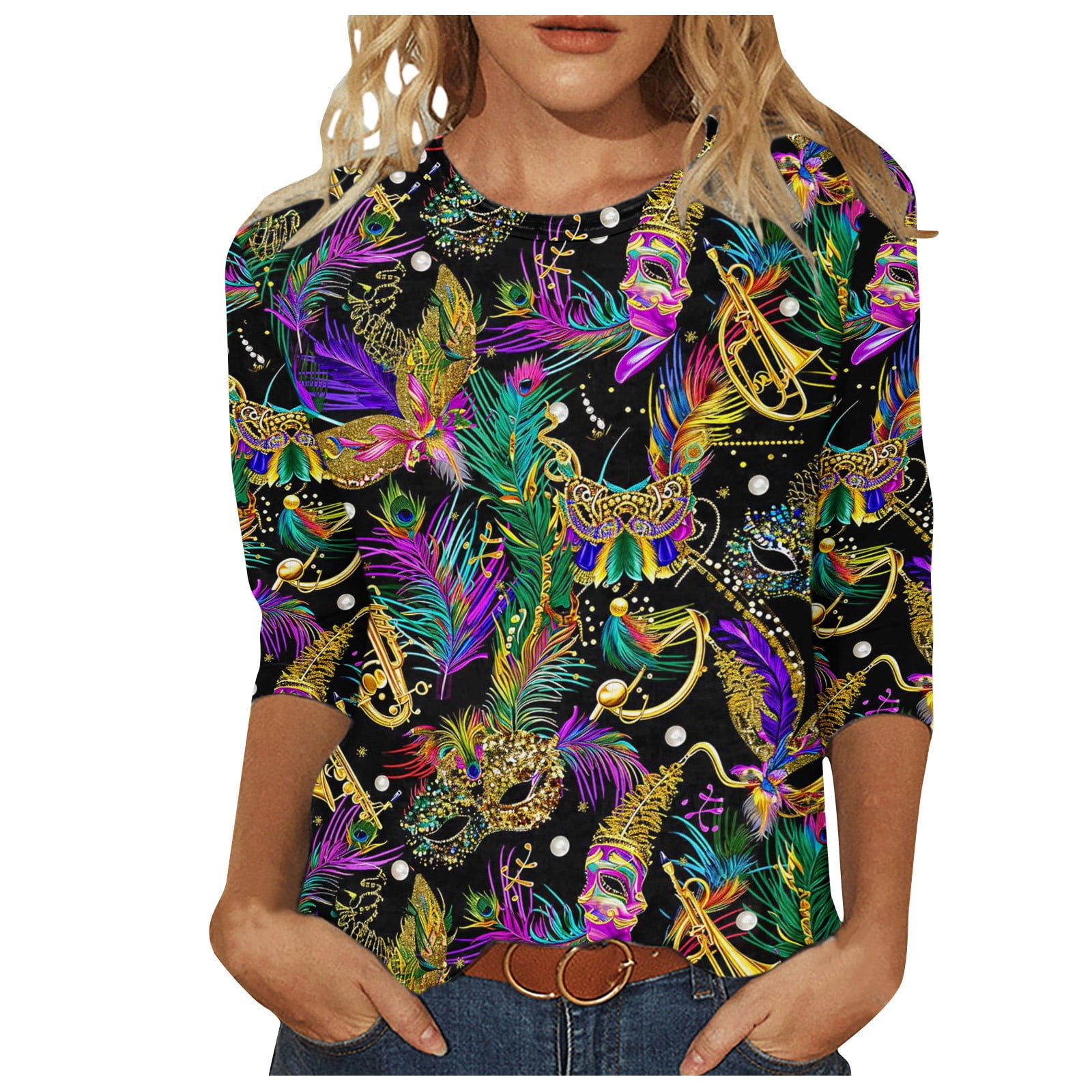 REORIAFEE Mardi Gras Blouses for Women Sexy Summer 3/4 Length Sleeve T ...